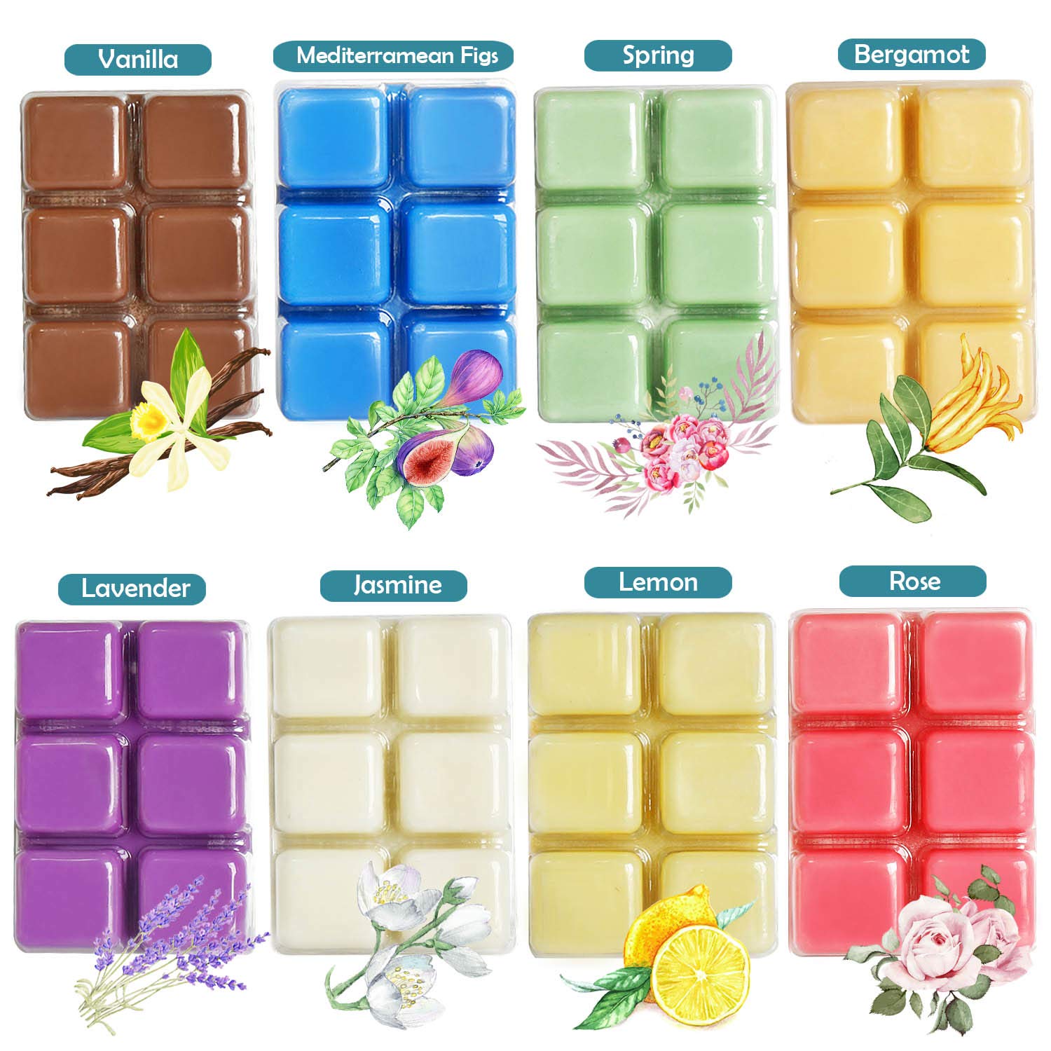 YIHAN Scented Wax Melts -Set of 8 (2.5 oz) Assorted Wax Warmer Cubes/Tarts - Jasmine, Rose, Bergamot, Fig, Vanilla, Lemon, Spring, Lavender