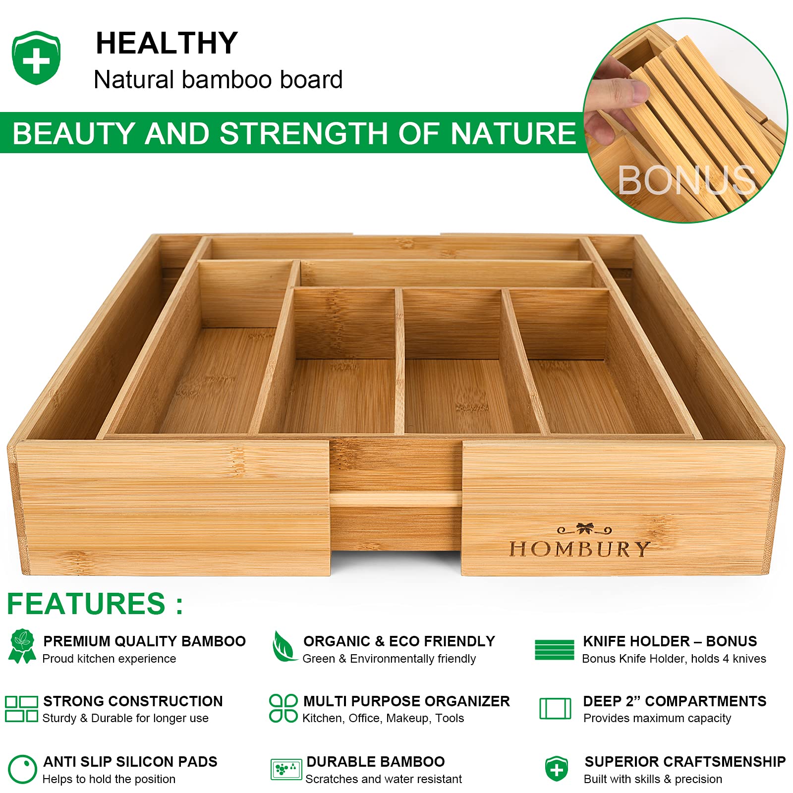 Hombury Bamboo Expandable Kitchen Drawer Organizer, Adjustable Silverware Organizer, Cutlery Tray, Utensil Organizer for kitchen Drawers with Knife Holder, 8 Compartment Drawer Organizer Kitchen