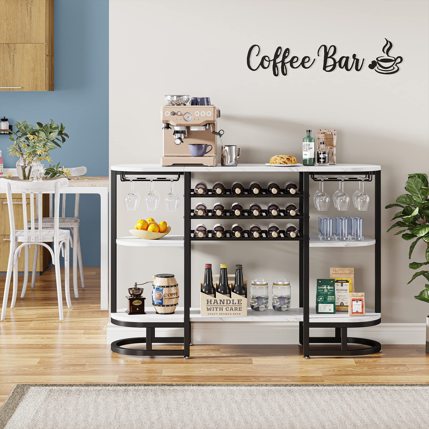 Tribesigns Wine Rack Table with Glass Holder, Wine Bar Cabinet with 18 Bottles Wine Storage, Liquor Cabinet with Wine Rack, Modern Wine Table for Buffet, Dinning Room, Living Room, Kitchen, White