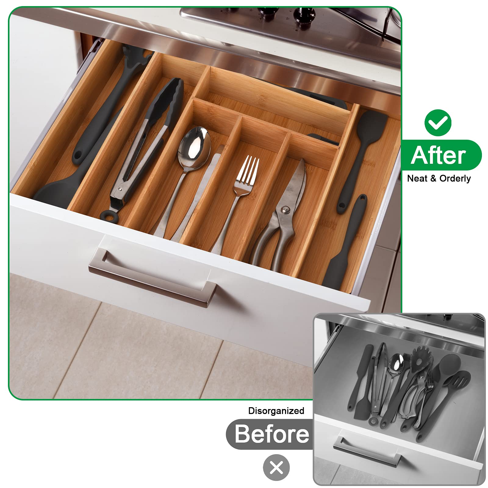 Hombury Bamboo Expandable Kitchen Drawer Organizer, Adjustable Silverware Organizer, Cutlery Tray, Utensil Organizer for kitchen Drawers with Knife Holder, 8 Compartment Drawer Organizer Kitchen