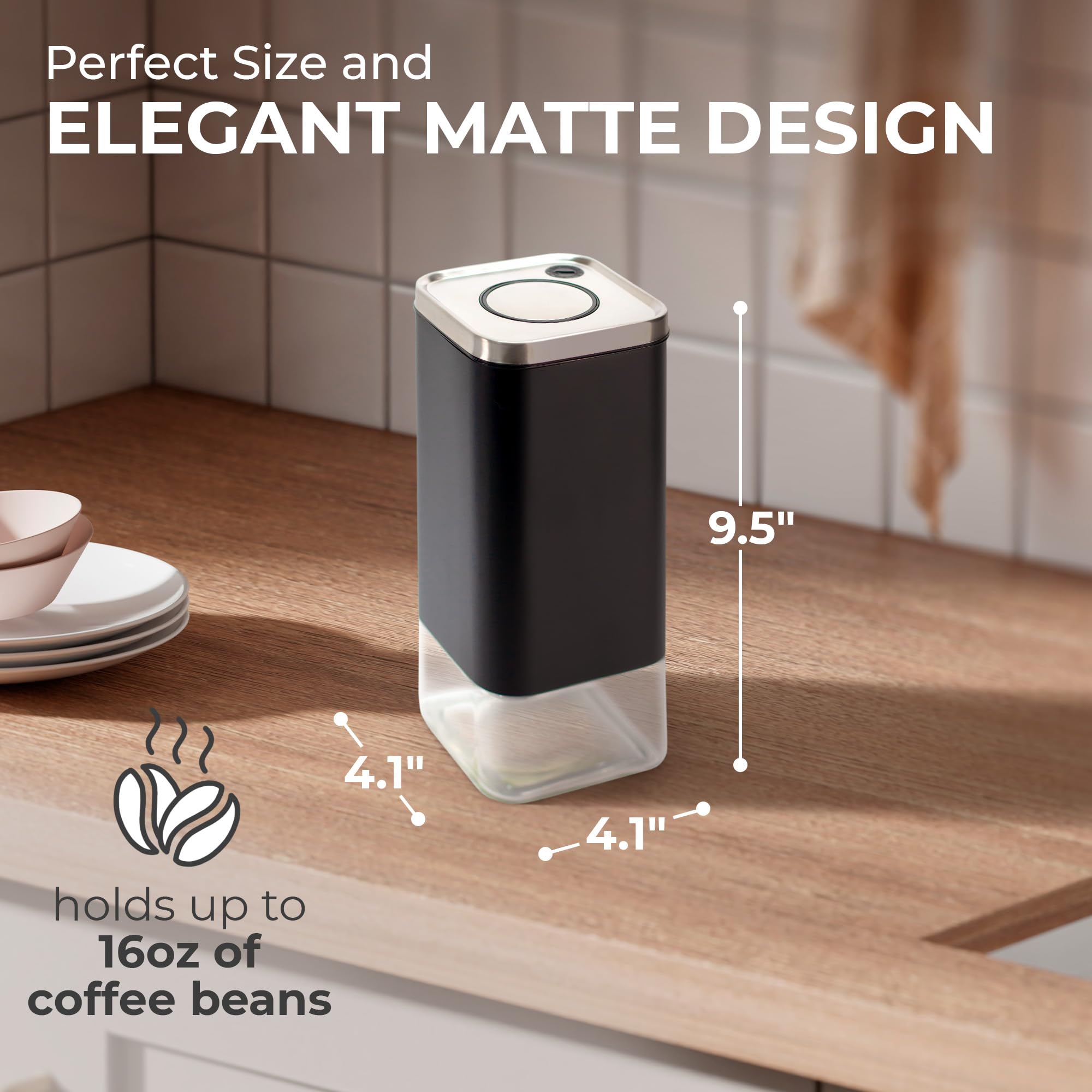 Kaffe Glass Storage Container. Coffee Canister - BPA Free Stainless Steel with Airtight Lid (16oz)
