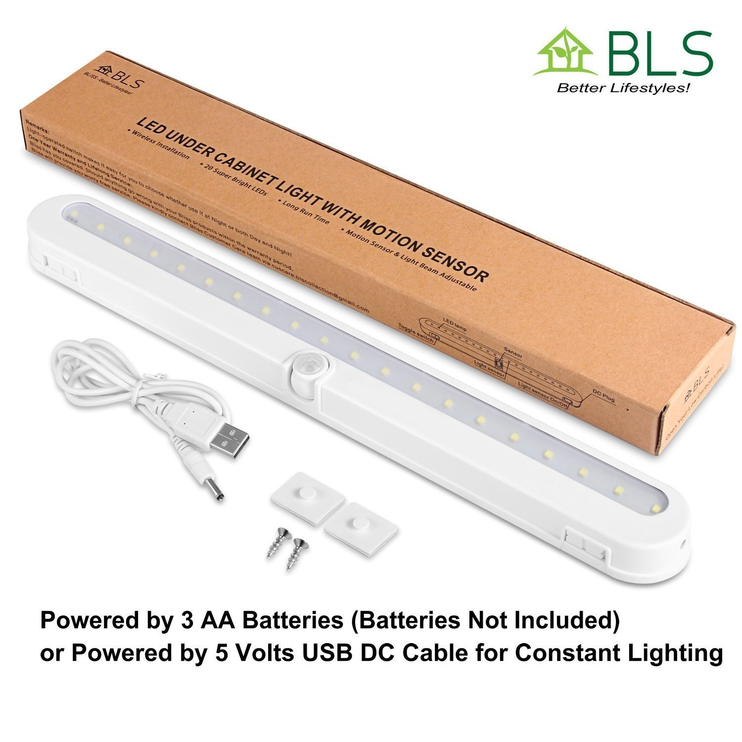 BLS T01L LED Closet Light Super Bright 20 LED Under Cabinet Lighting Battery Powered / DC Input Wireless Motion Sensing Light, Auto On Off Switch, Motion Sensor & Light Sensor, Light Beam Adjustable