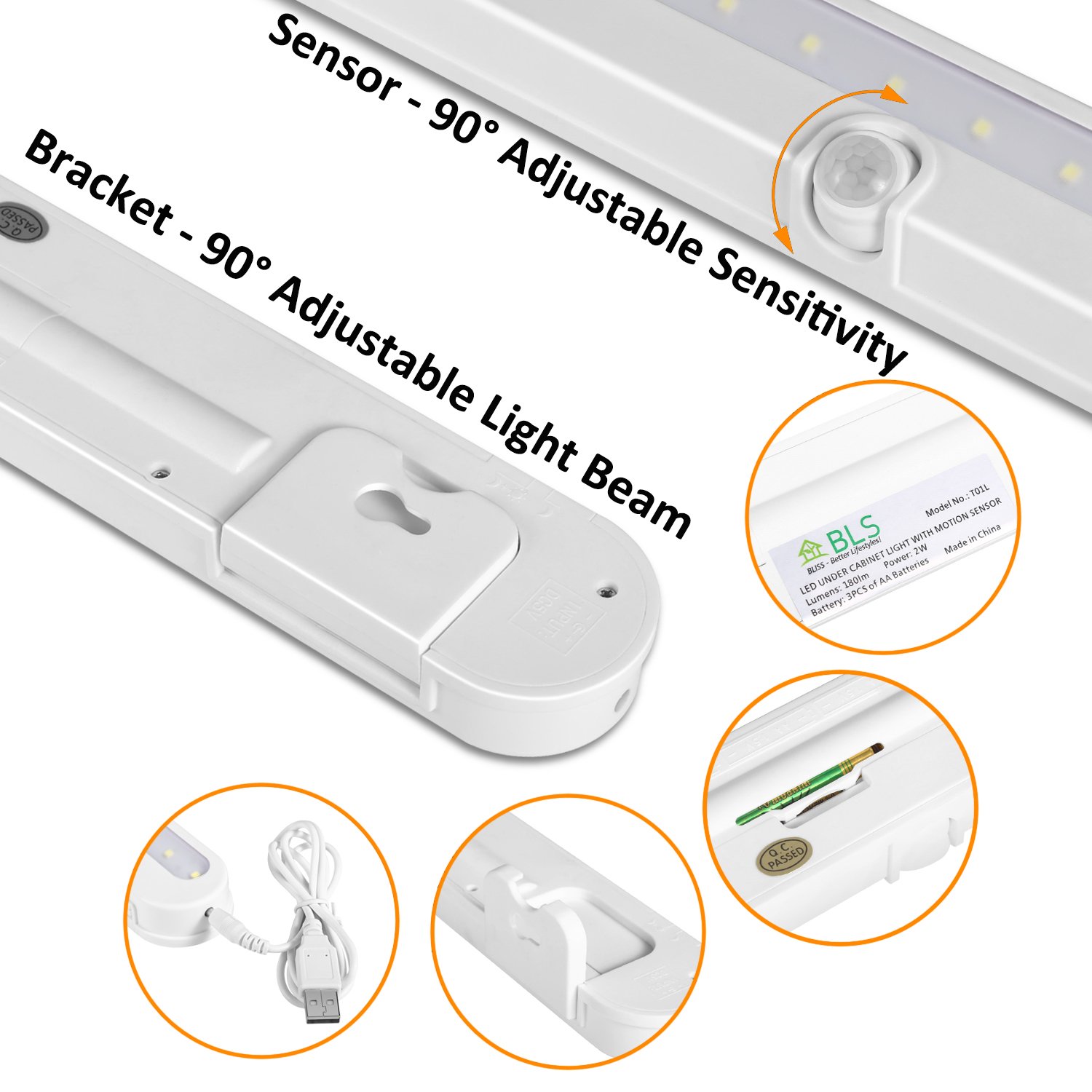 BLS T01L LED Closet Light Super Bright 20 LED Under Cabinet Lighting Battery Powered / DC Input Wireless Motion Sensing Light, Auto On Off Switch, Motion Sensor & Light Sensor, Light Beam Adjustable