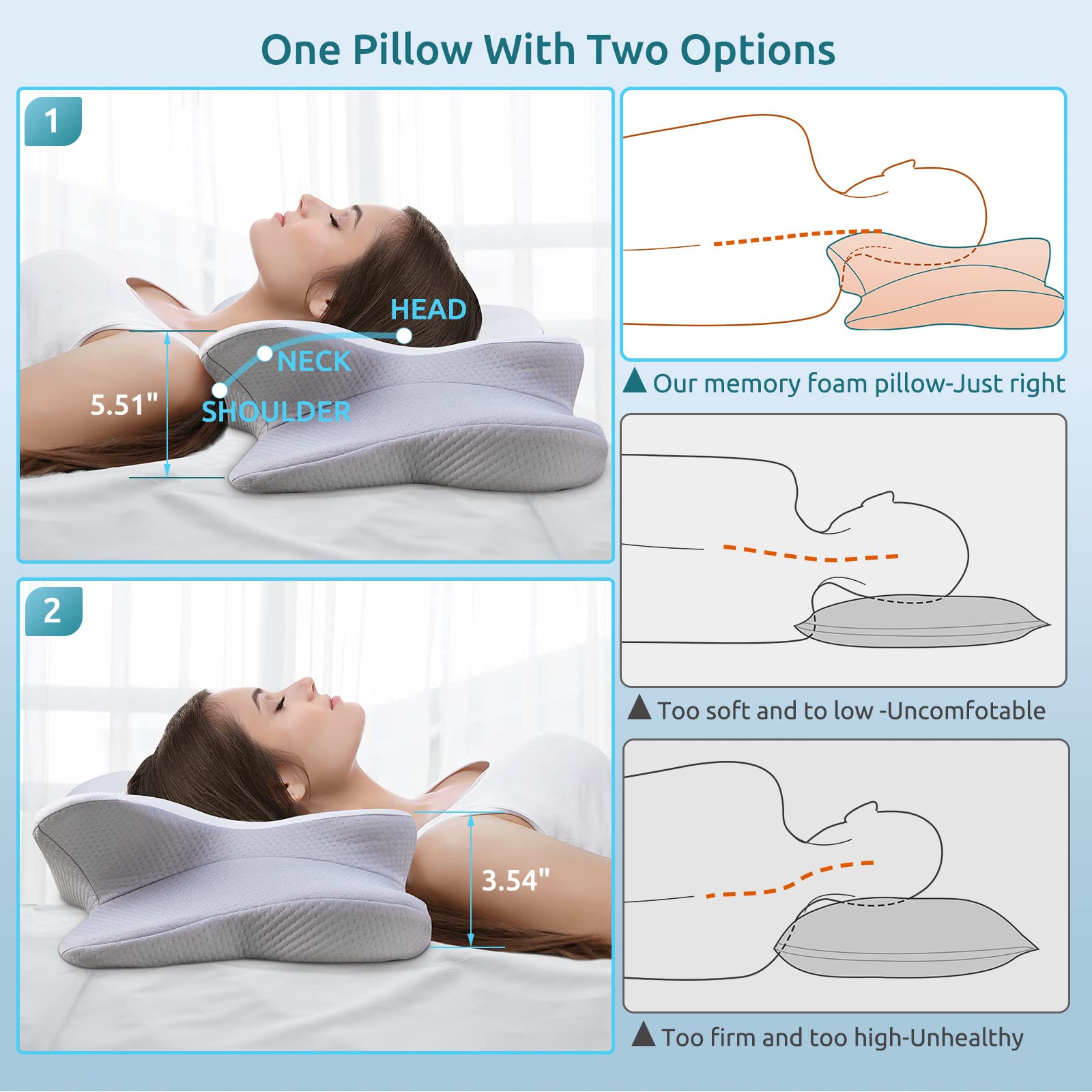 DONAMA Cervical Pillow for Neck Pain Relief,Contour Memory Foam Pillow,Ergonomic Orthopedic Neck Support Pillow for Side,Back and Stomach Sleepers with Breathable Pillowcase-Light Grey