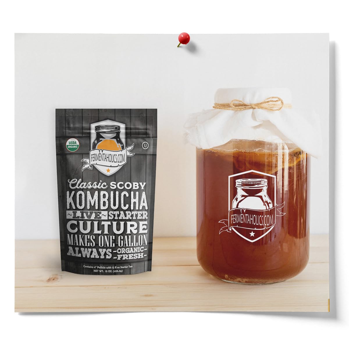 Fermentaholics ORGANIC Kombucha SCOBY With Twelve Ounces of Starter Tea - Live Starter Culture - Makes A One Gallon Batch - 1.5 Cups of Strong Mature Starter Tea - Brew Your Own Kombucha