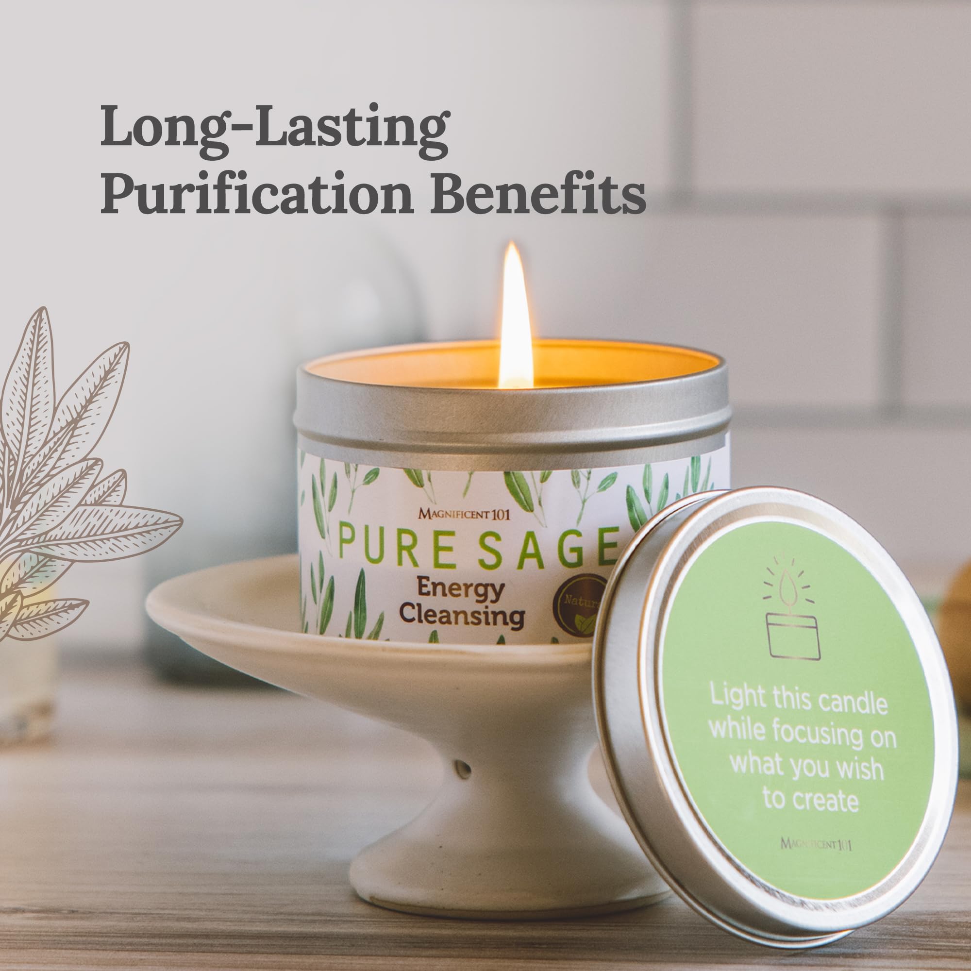 MAGNIFICENT 101 Aromatherapy Candles, Pure White Sage Candles for Cleansing House Chakra Healing, Naturally Scented Soy Candles for Outdoor and Indoor, 6 Oz Pure Sage Candles