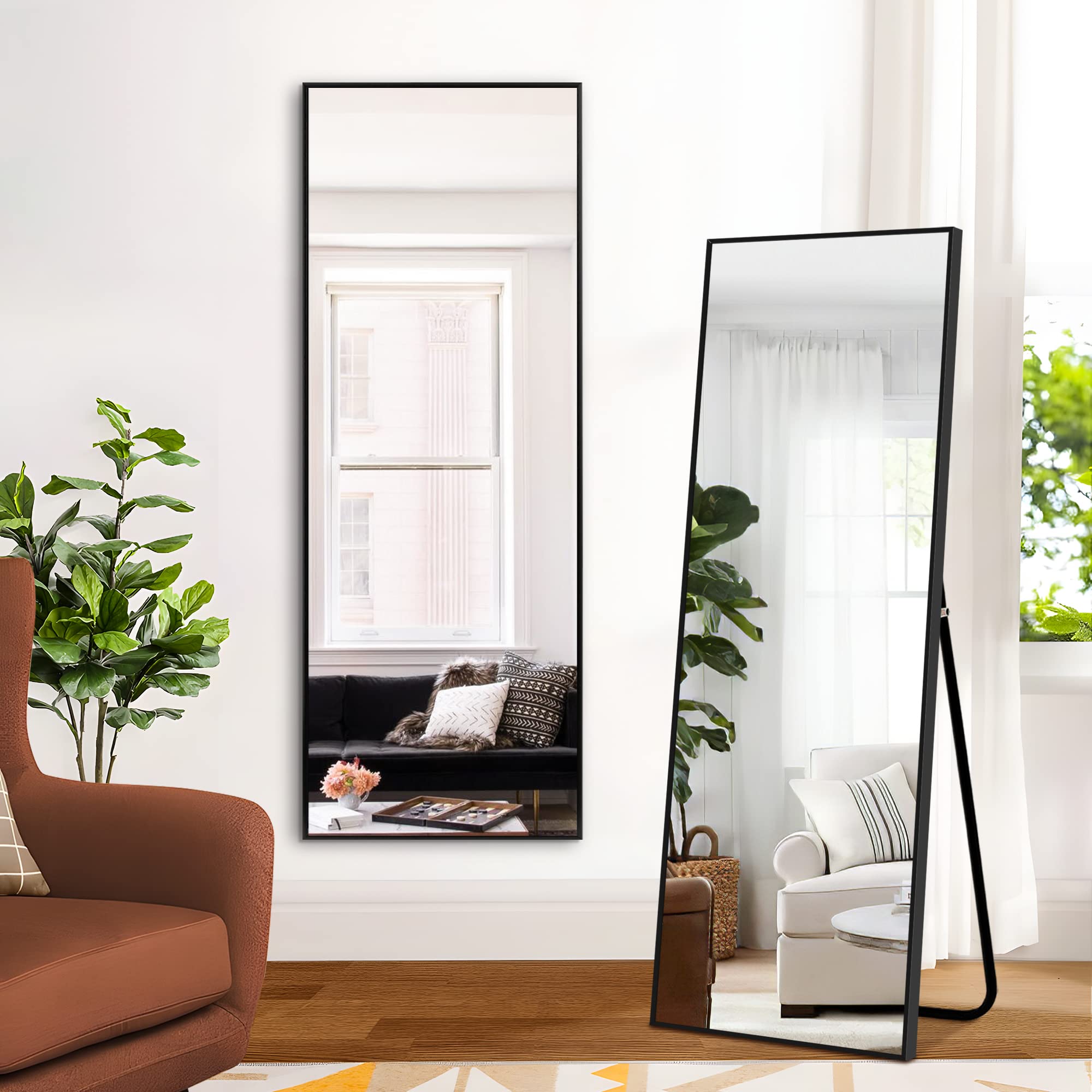 PexFix Full Body Mirror Full Length Mirror with Black Aluminum Alloy Frame Mirror Full Length with Stand Wall Mounted Mirror Hanging Mirror for Wall Bedroom Bathroom Living Room Decor,43''×16''