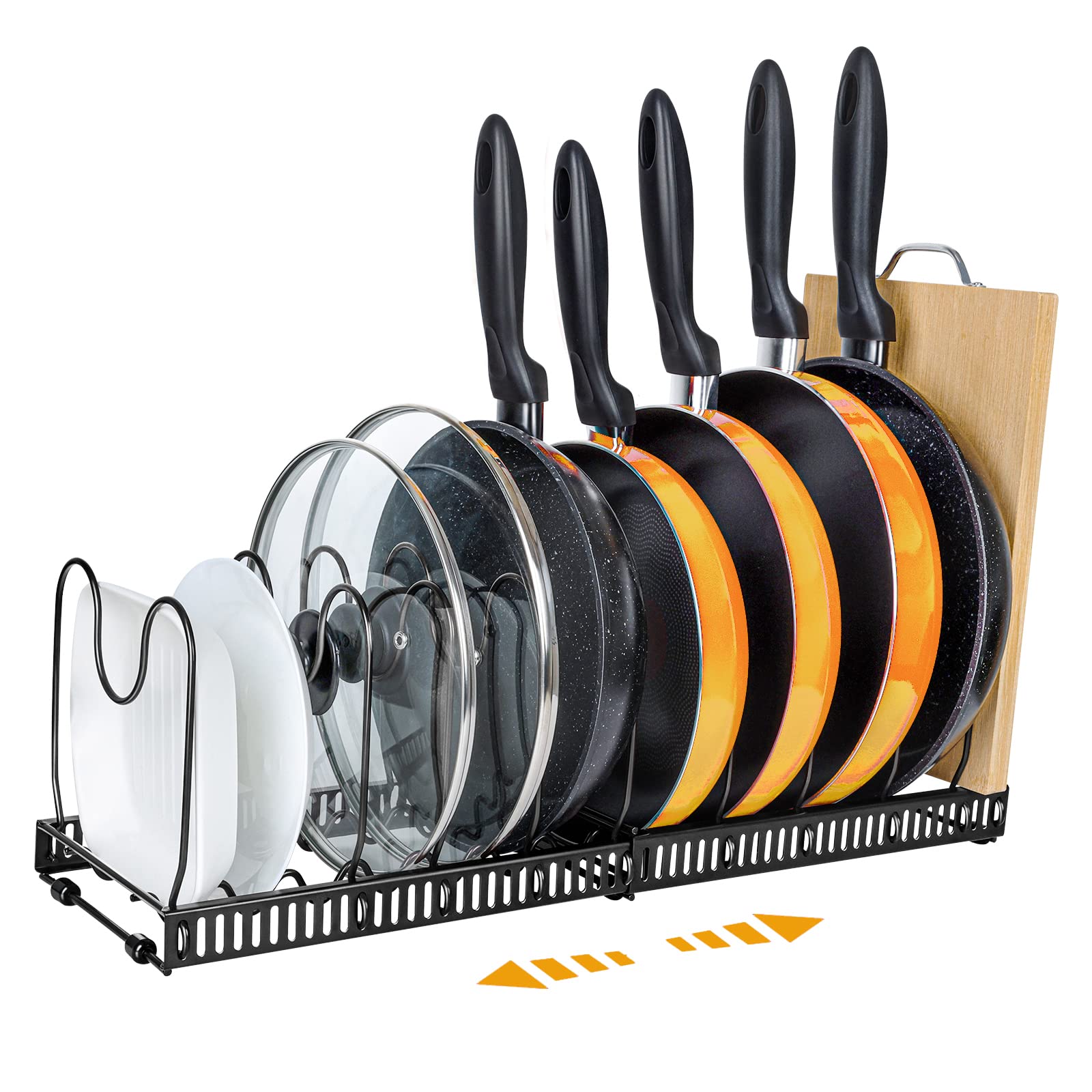 Expandable Pots and Pans Organizer Rack for Cabinet【Updated】10 Dividers, Adjustable Pot Pan Lid Holder, Multi-Functional Frying Pan Drying Rack, Cutting Board Holder Rack(Black)