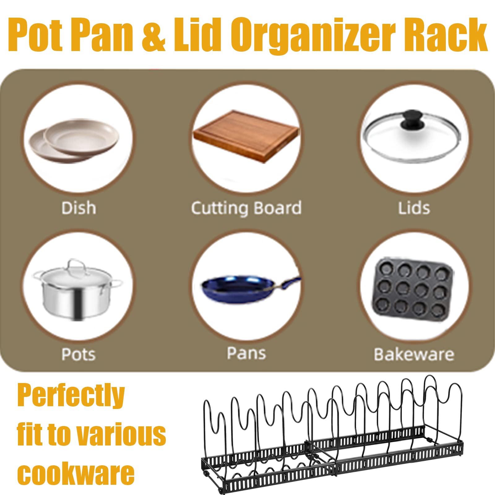 Expandable Pots and Pans Organizer Rack for Cabinet【Updated】10 Dividers, Adjustable Pot Pan Lid Holder, Multi-Functional Frying Pan Drying Rack, Cutting Board Holder Rack(Black)