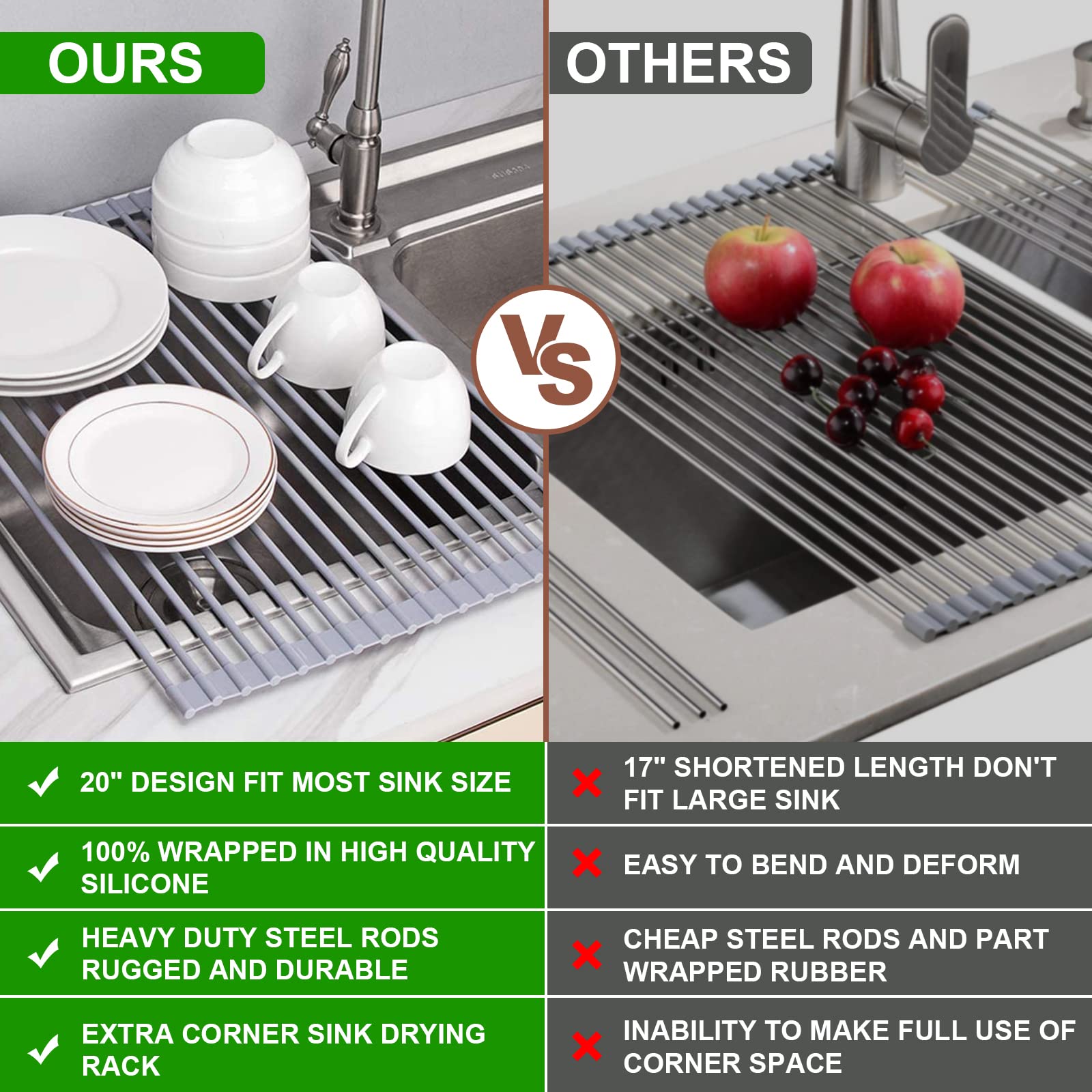 TPMXEMR Roll Up Dish Drying Rack, Over The Sink Dish Drying Rack Heat-Resistant Anti-Slip, 20.5" L x 13.1" W Heavy Duty Silicone Wrapped Steel Rods Dish Drying Rack for Kitchen Counter