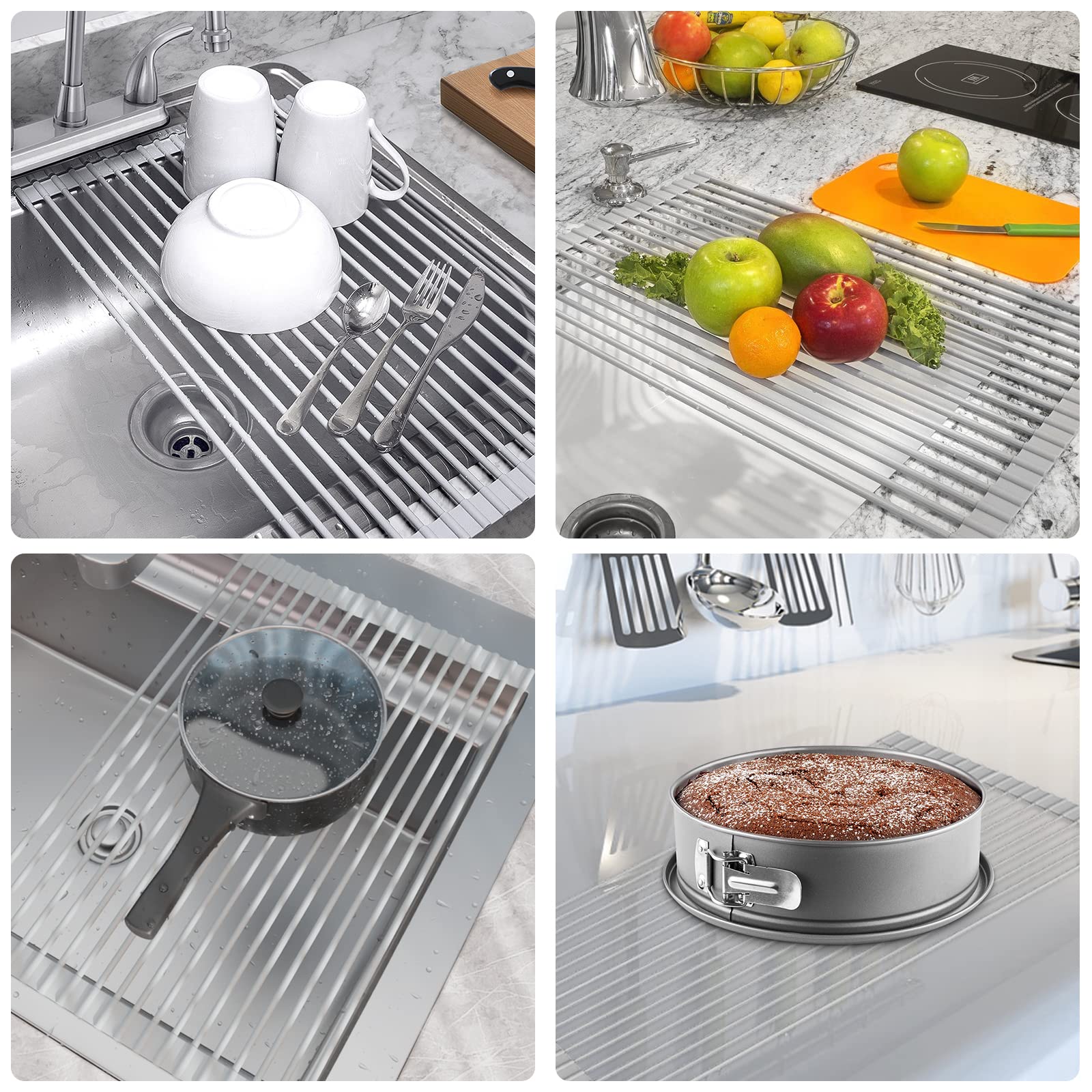 TPMXEMR Roll Up Dish Drying Rack, Over The Sink Dish Drying Rack Heat-Resistant Anti-Slip, 20.5" L x 13.1" W Heavy Duty Silicone Wrapped Steel Rods Dish Drying Rack for Kitchen Counter