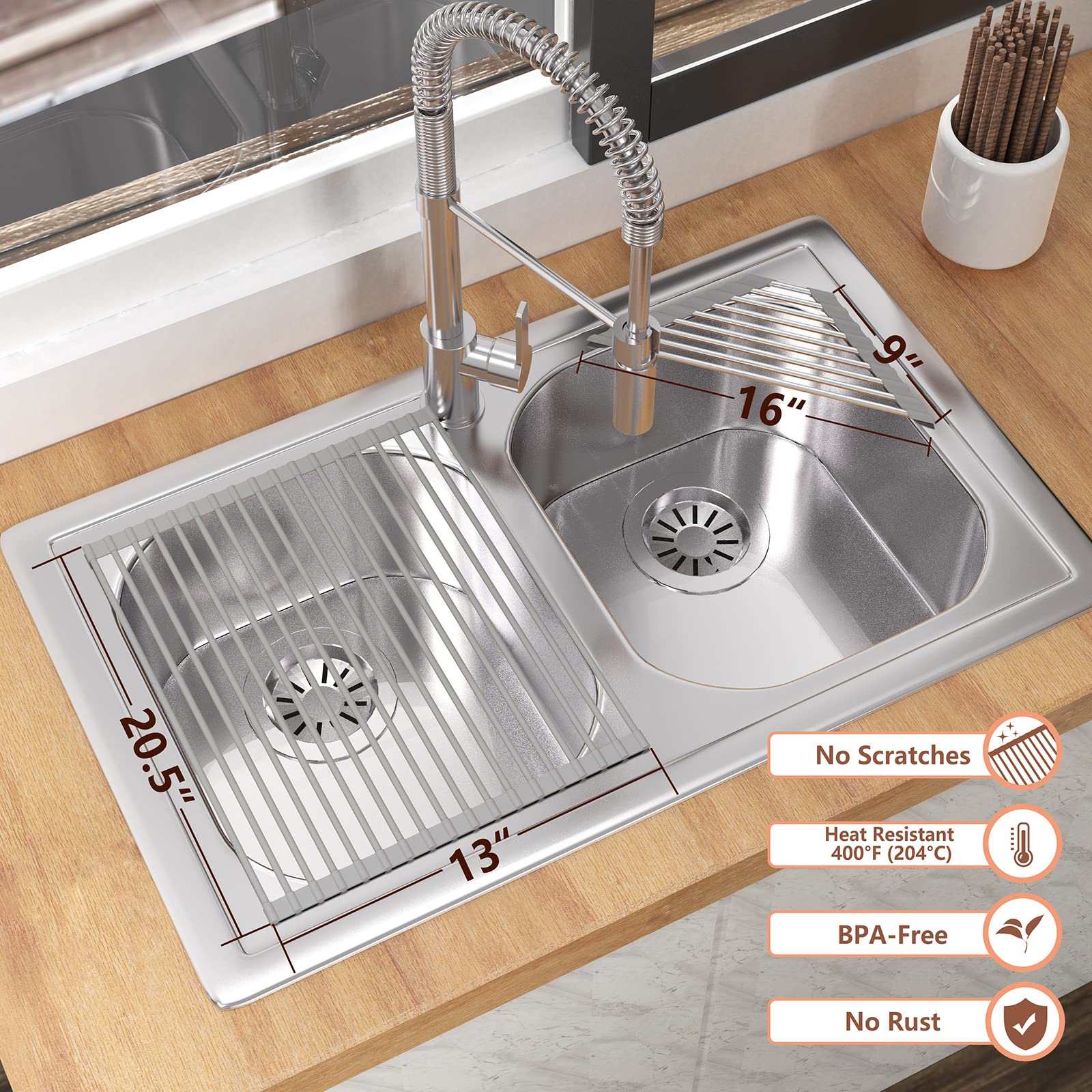 TPMXEMR Roll Up Dish Drying Rack, Over The Sink Dish Drying Rack Heat-Resistant Anti-Slip, 20.5" L x 13.1" W Heavy Duty Silicone Wrapped Steel Rods Dish Drying Rack for Kitchen Counter