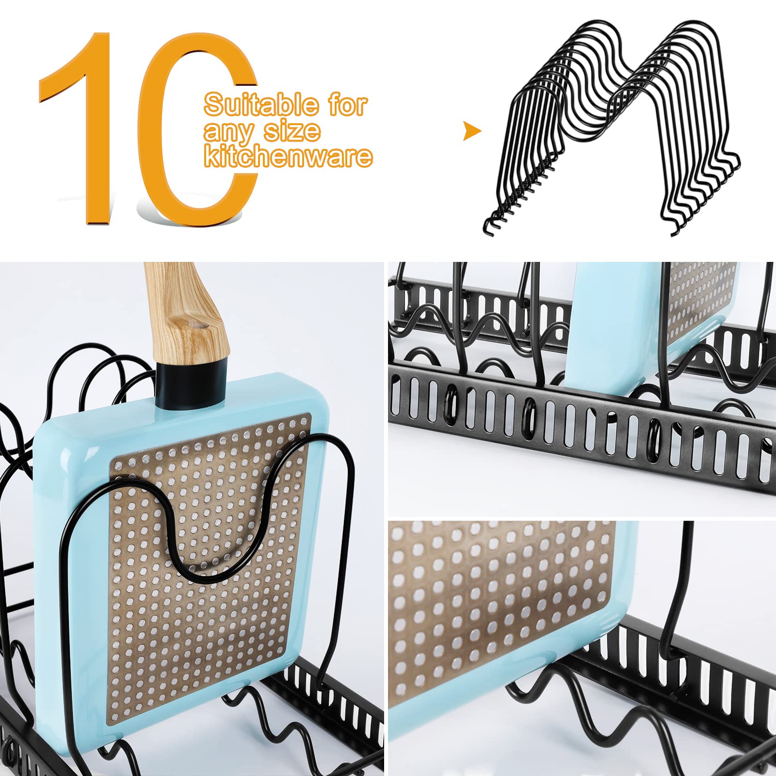 Expandable Pots and Pans Organizer Rack for Cabinet【Updated】10 Dividers, Adjustable Pot Pan Lid Holder, Multi-Functional Frying Pan Drying Rack, Cutting Board Holder Rack(Black)