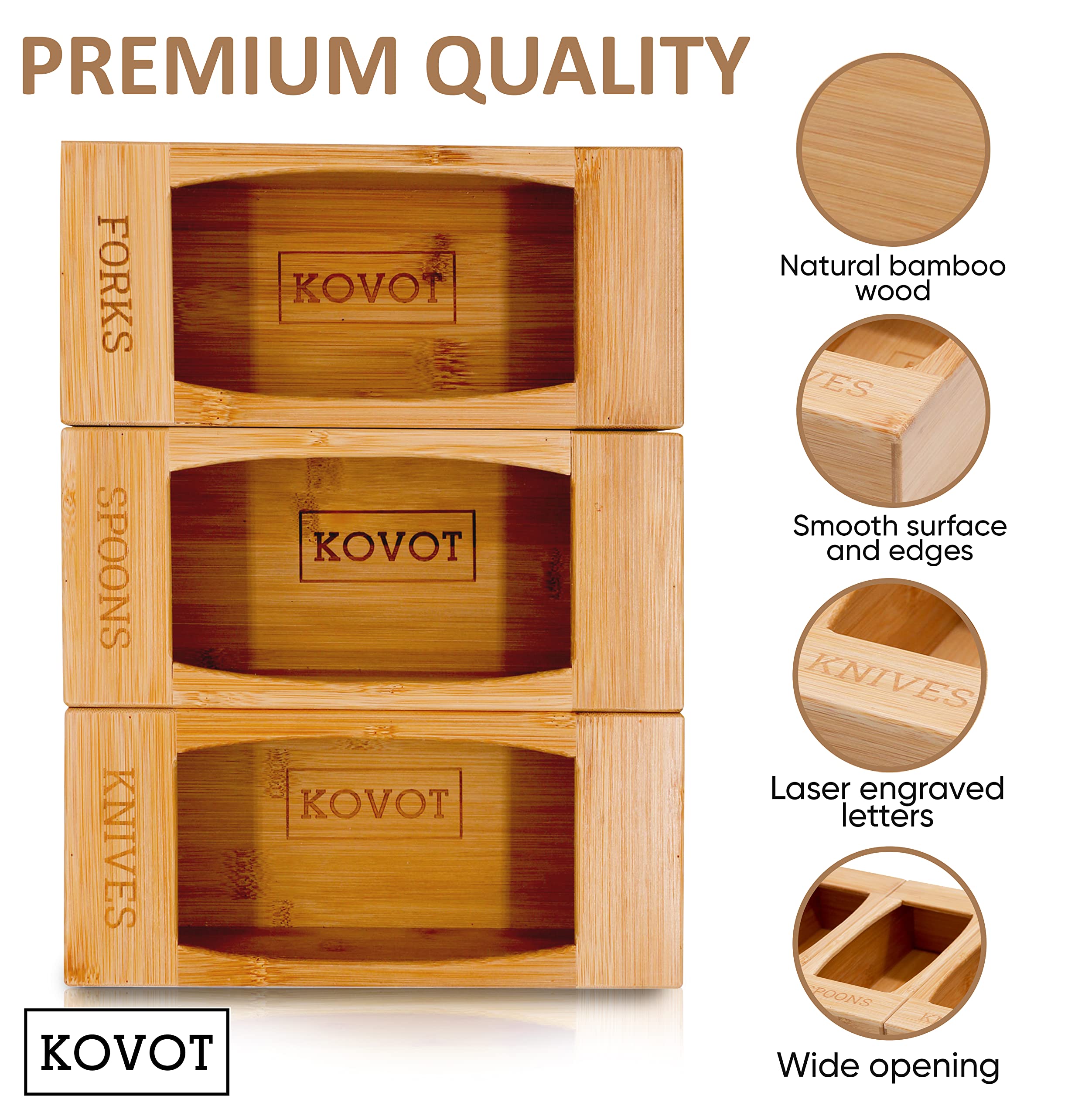 KOVOT Bamboo Utensils Organizer – Bamboo Wood Flatware Caddy – Cutlery Holder with 3 Separate Compartments – Forks, Spoons, Knives – Bamboo Organizing Box for Kitchen Counter, Drawers, Table