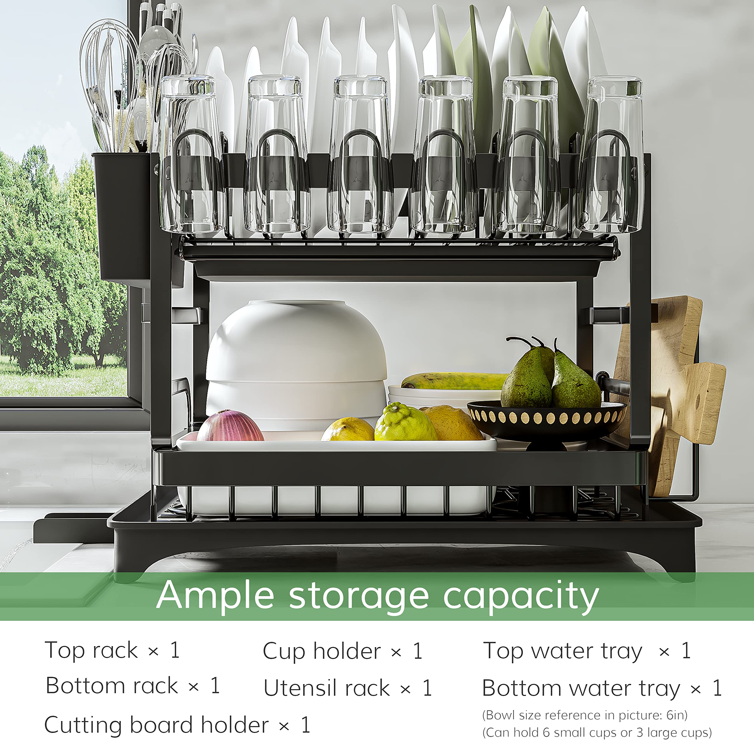 CHIACHIA Dish Drying Rack for Kitchen Counter, 2 Tier Dish Drying Rack with 2 Drainboard, Dish Rack and Drainboard Set with Knife and Fork Holder, Black Carbon Steel Large Capacity Dish Drainer