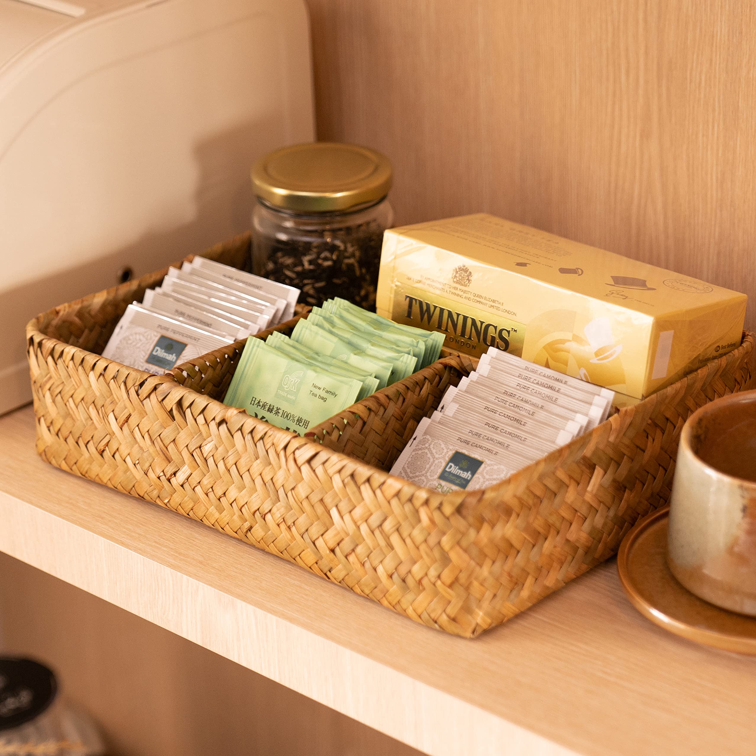 YANGQIHOME Tea Bag / Sugar Packet Holder, Coffee Station Condiment Organizer, Seagrass Storage Basket, Wicker Rattan Divided Basket Organizer for Drawer / Shelf / Countertop
