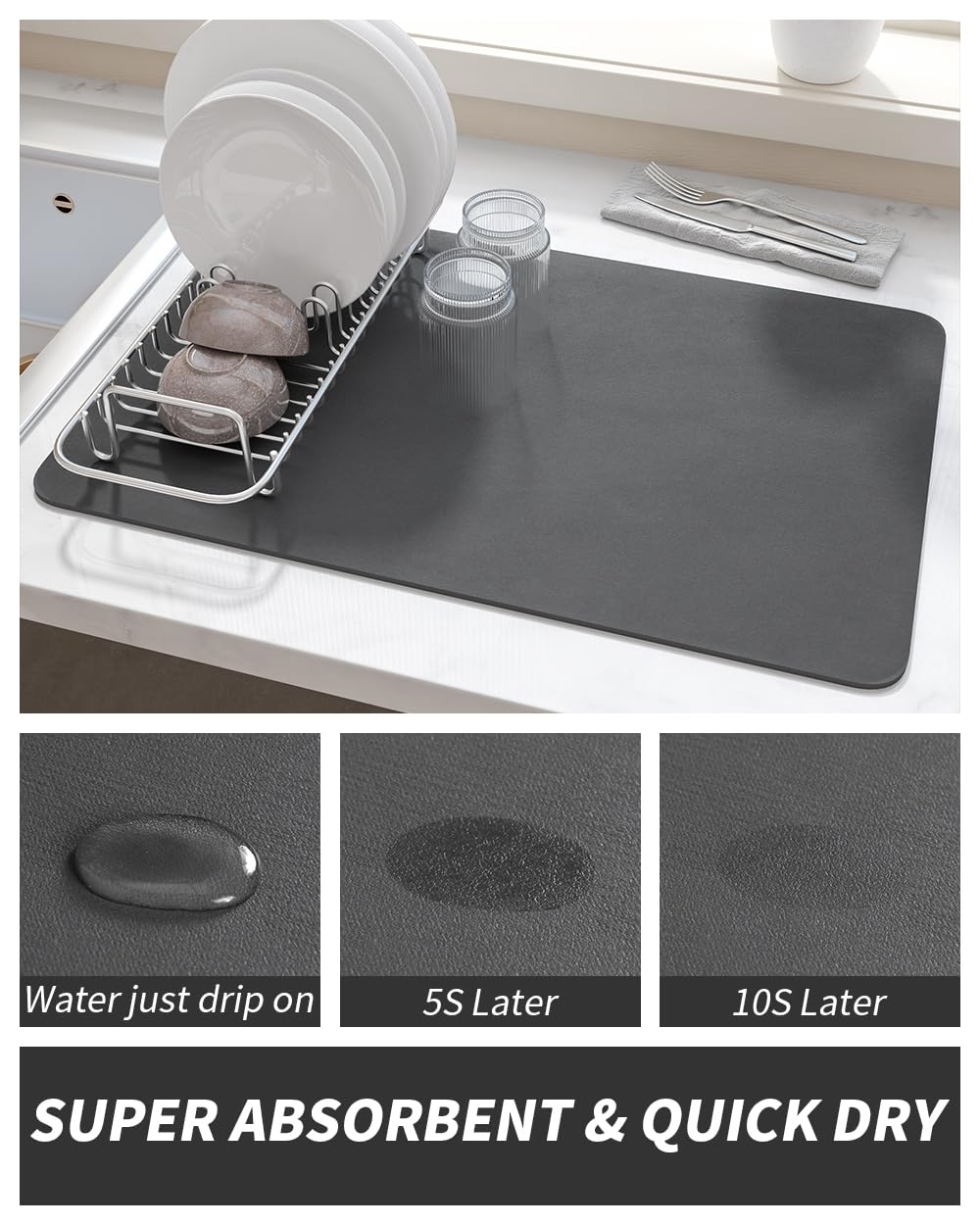 AMOAMI-Coffee Mat Hide Stain Rubber Backed Absorbent Dish Drying Mat for Kitchen Counter-Coffee Bar Accessories Fit Under Coffee Maker Coffee Machine Coffee Pot Espresso Machine Dish Rack 12"x19