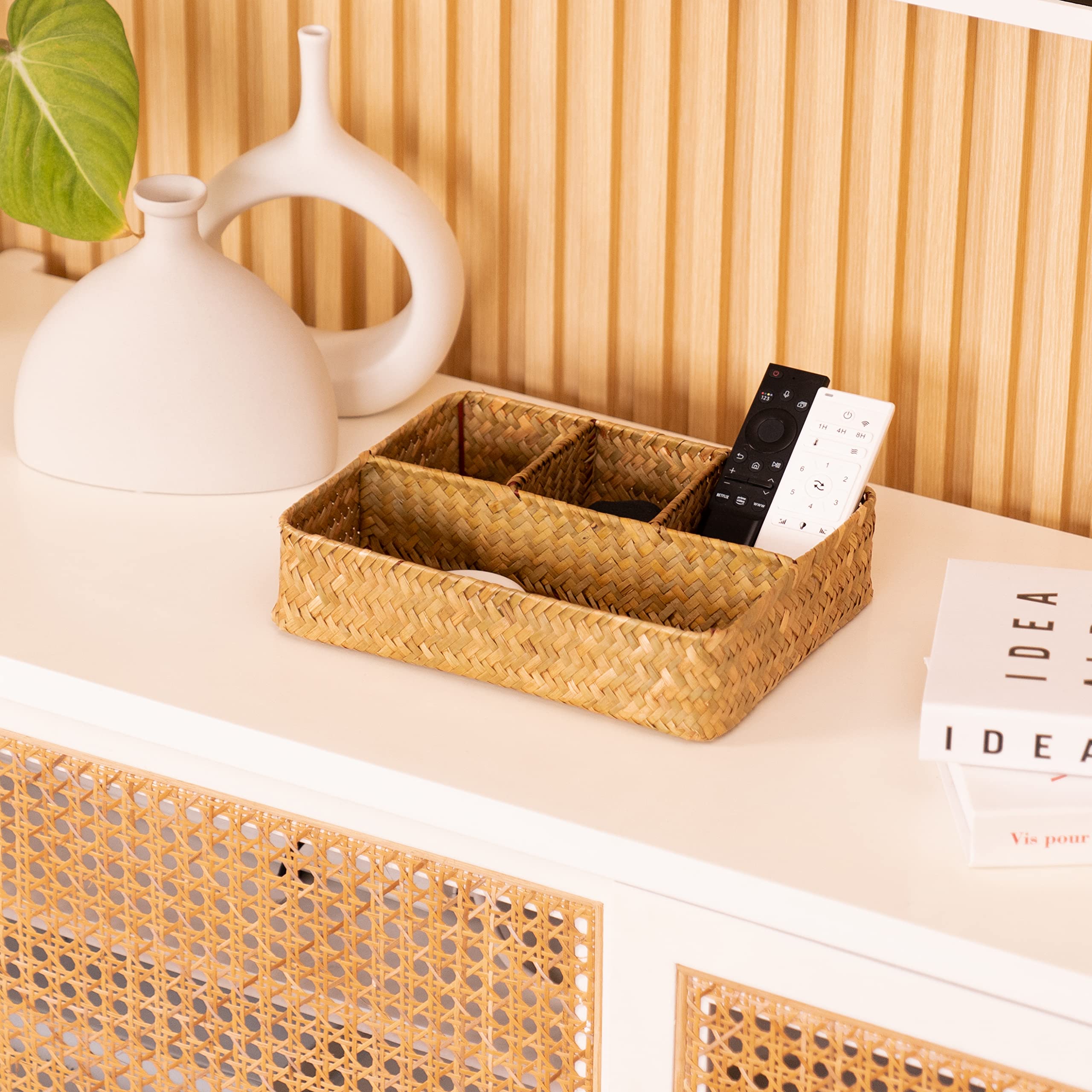 YANGQIHOME Tea Bag / Sugar Packet Holder, Coffee Station Condiment Organizer, Seagrass Storage Basket, Wicker Rattan Divided Basket Organizer for Drawer / Shelf / Countertop