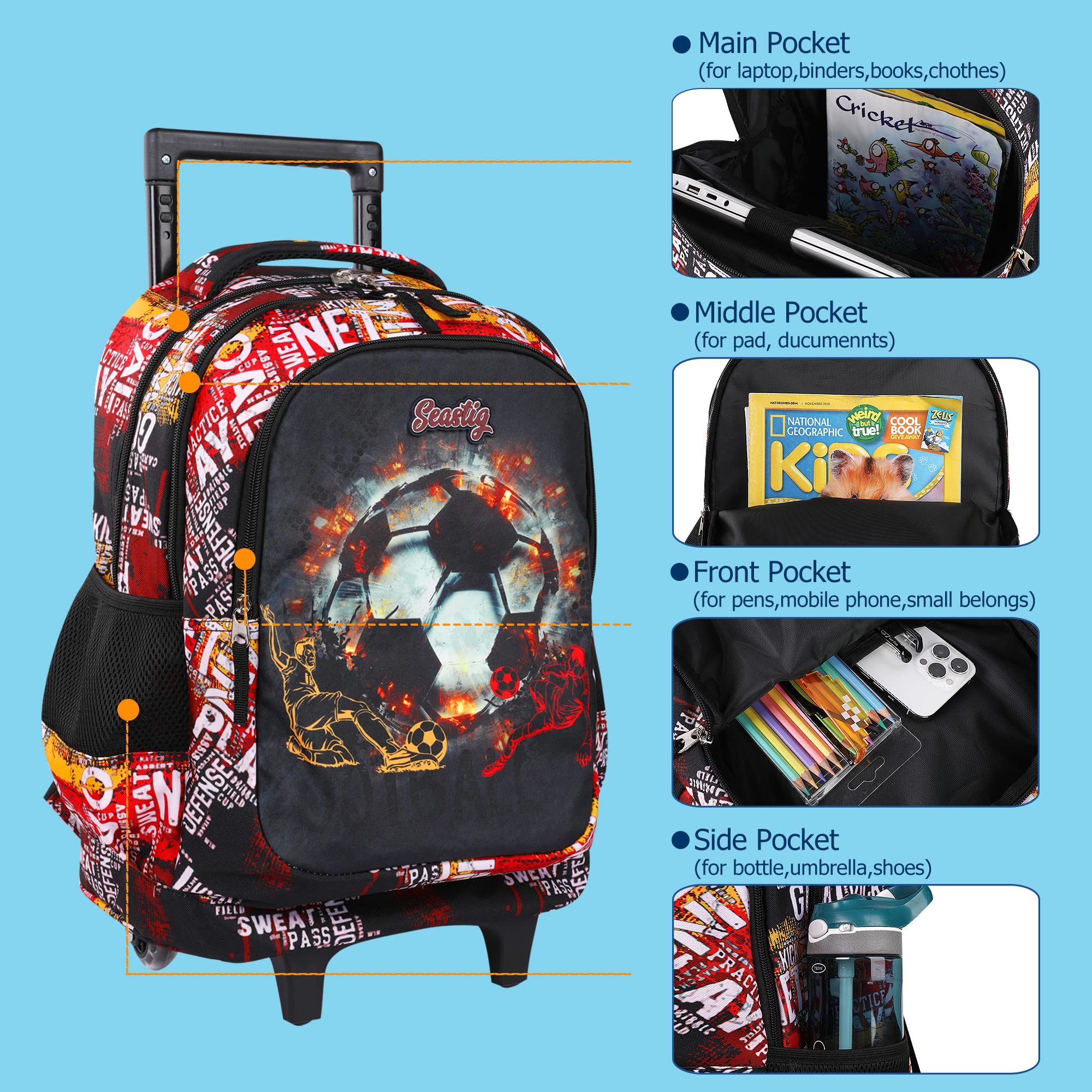 seastig Foldable Rolling Backpack 18 inch Double Handle Wheeled Backpack for Boys Girls Children Luggage Bag for Travel School Trip