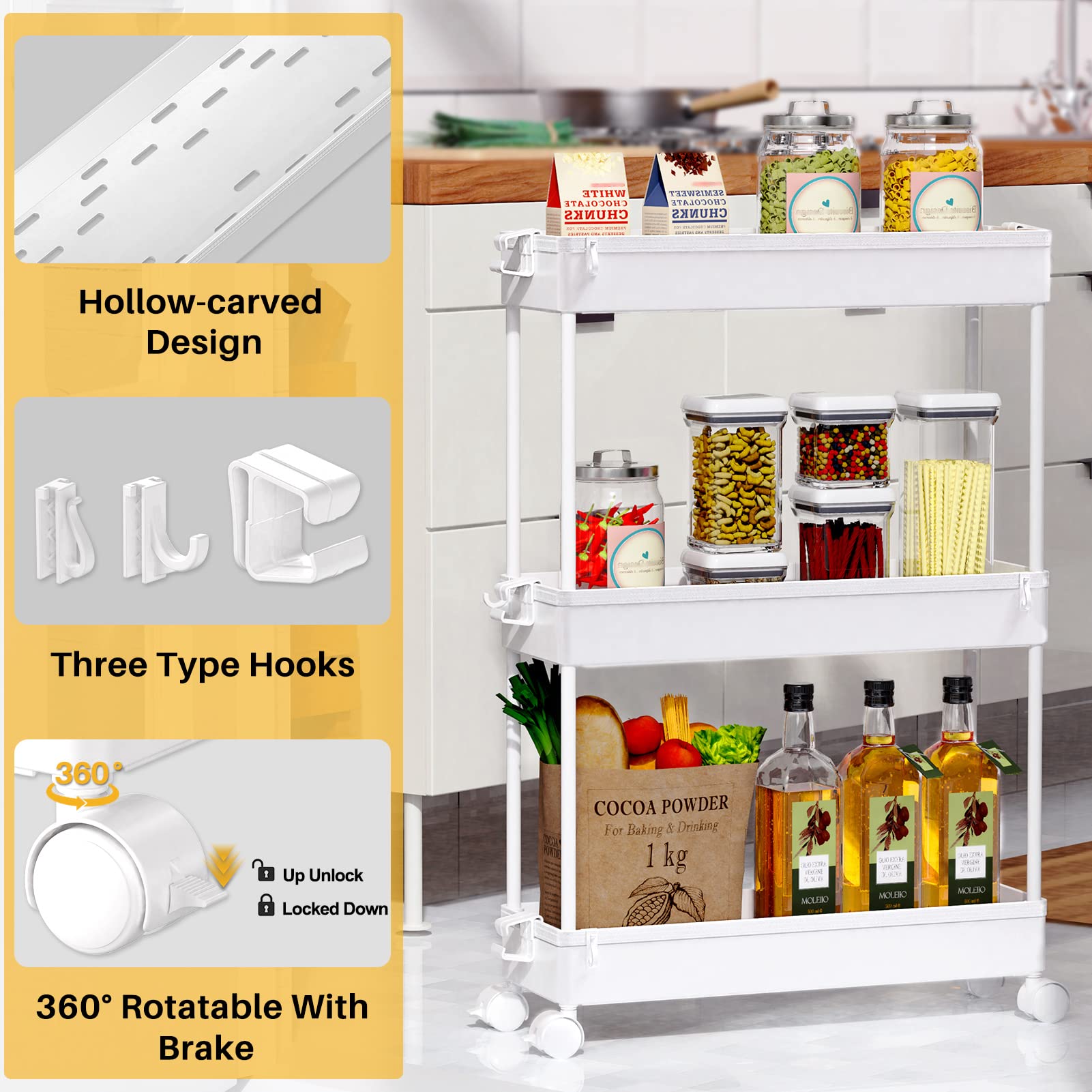SPACEKEEPER Slim Rolling Storage Cart, Laundry Room Organization, 3 Tier Mobile Shelving Unit Bathroom Organizer Storage Rolling Utility Cart for Kitchen Bathroom Laundry Narrow Places(White)