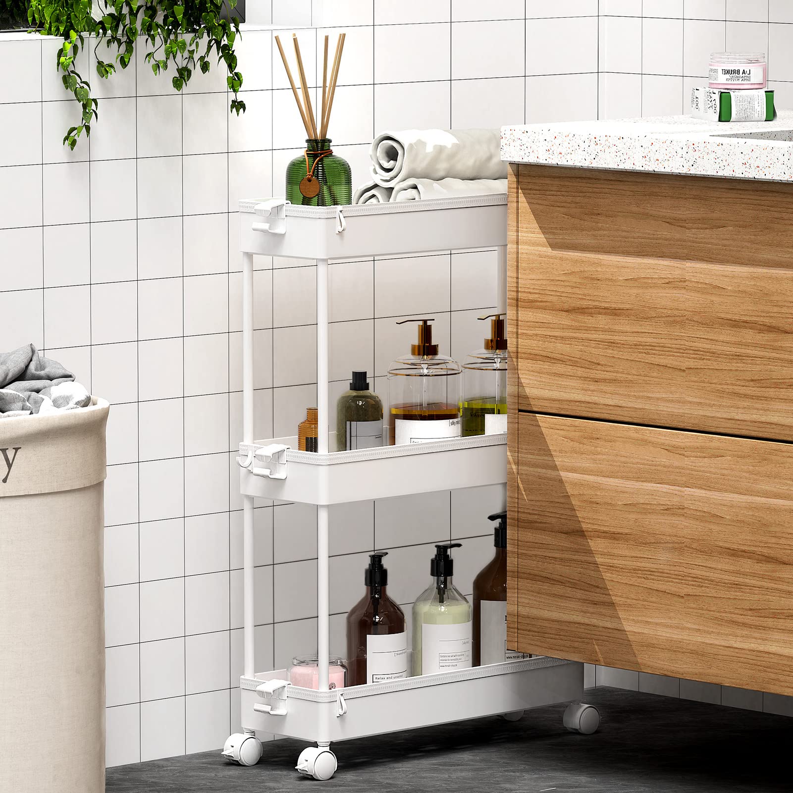 SPACEKEEPER Slim Rolling Storage Cart, Laundry Room Organization, 3 Tier Mobile Shelving Unit Bathroom Organizer Storage Rolling Utility Cart for Kitchen Bathroom Laundry Narrow Places(White)