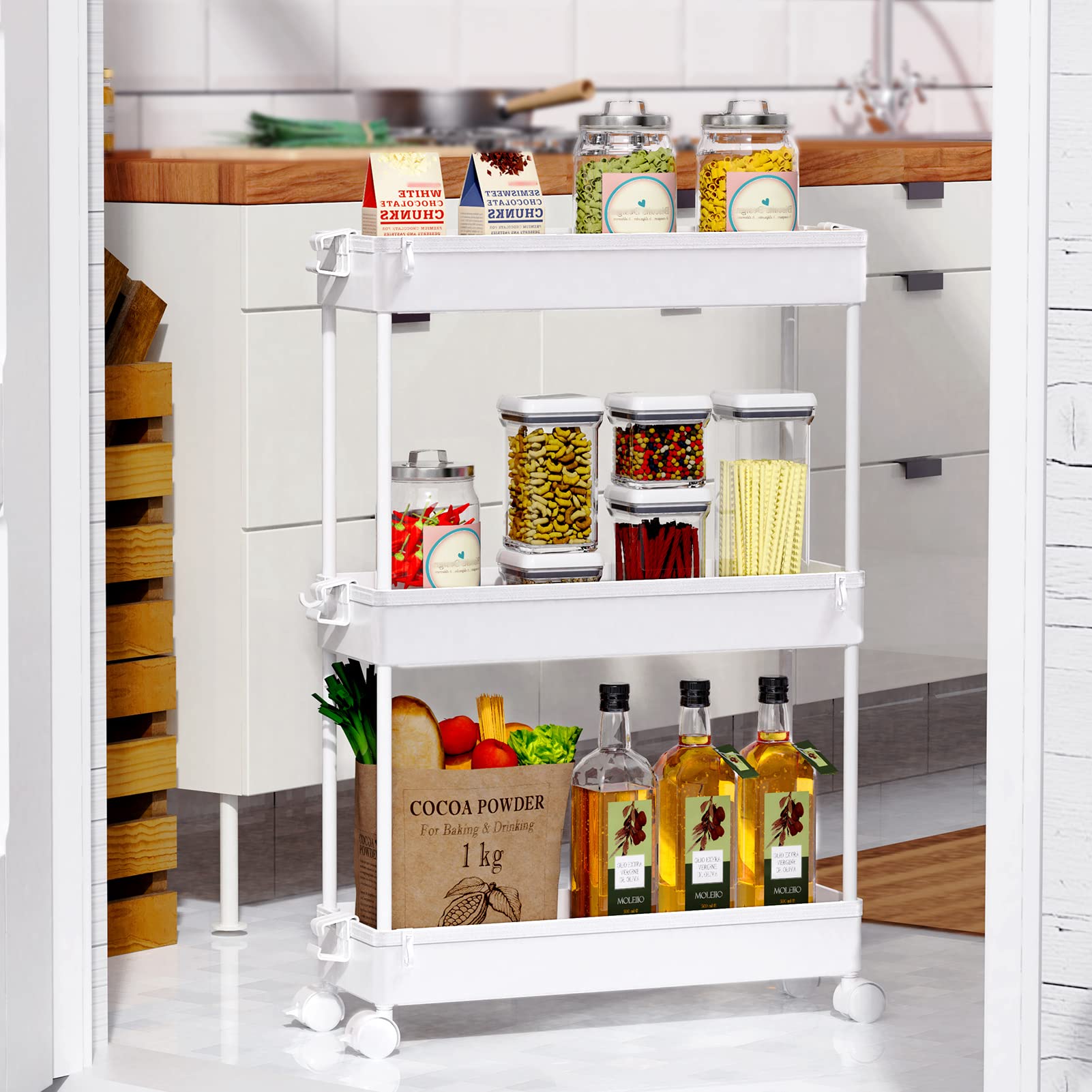 SPACEKEEPER Slim Rolling Storage Cart, Laundry Room Organization, 3 Tier Mobile Shelving Unit Bathroom Organizer Storage Rolling Utility Cart for Kitchen Bathroom Laundry Narrow Places(White)