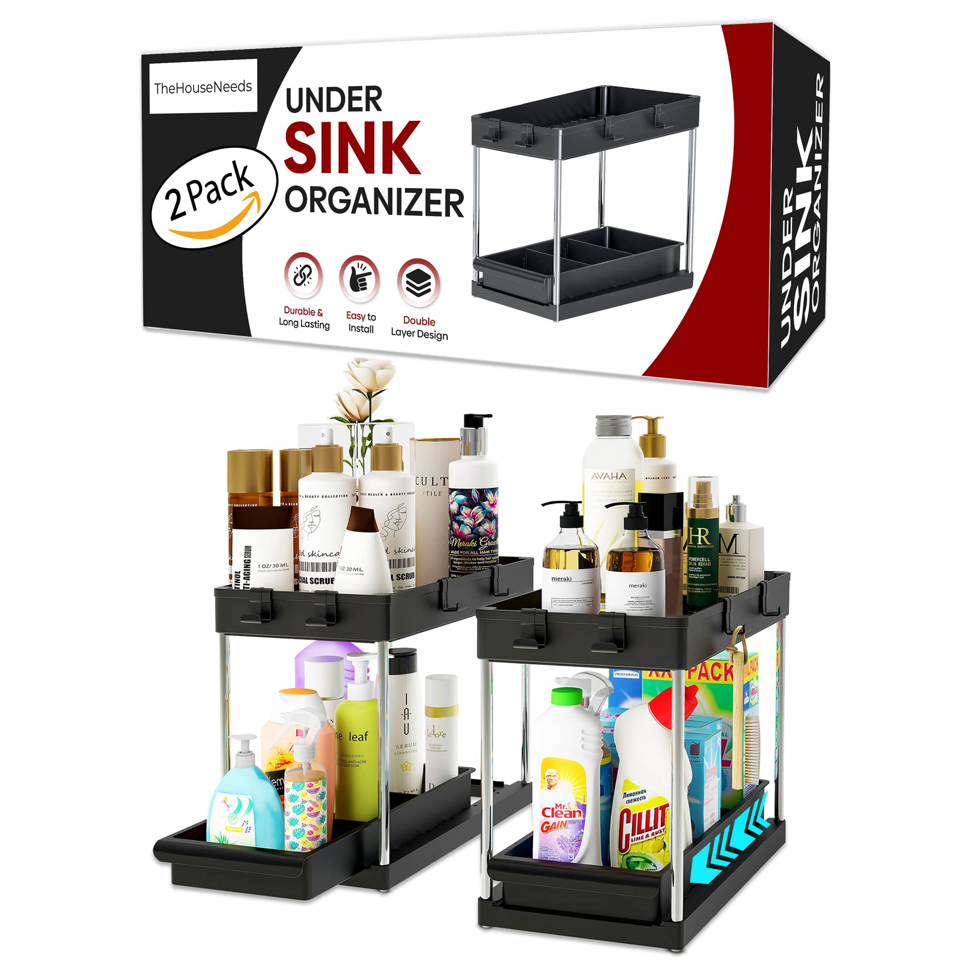 2Pcs Under Sink Organizers and Storage- Multi-Purpose, Pull-Out Kitchen Sink Cabinet Organizer with Hooks- Durable Bathroom Under Sink Organizer with Sliding Drawers- Cabinet Drawers Slide Out