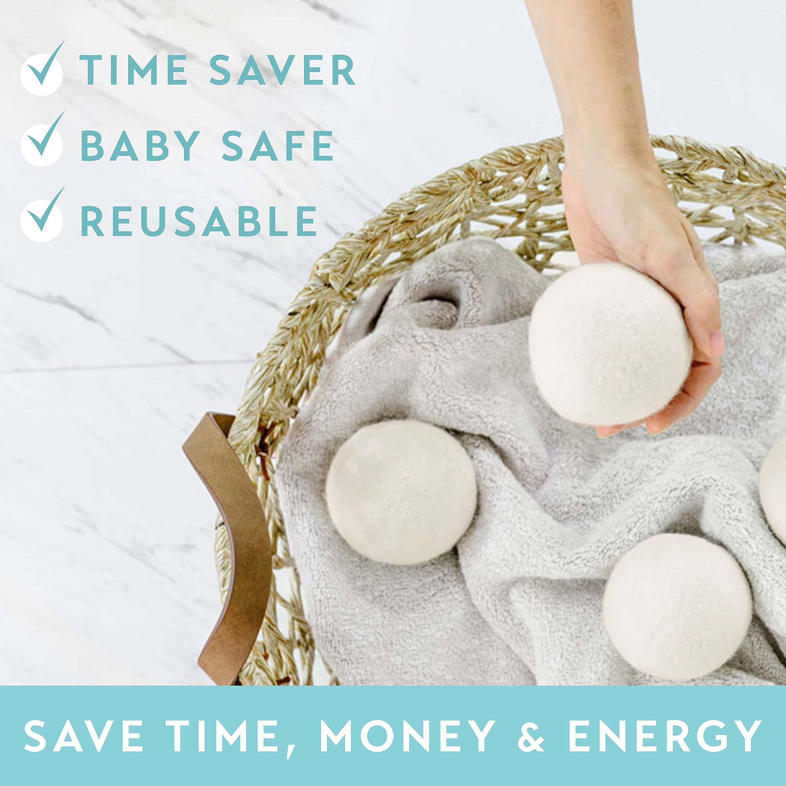 Wool Dryer Balls 6-Pack, XL Size, 100% New Zealand Wool, Reusable and Handmade. Natural Fabric Softener, Reduce Wrinkles and Decrease Drying Time (White)