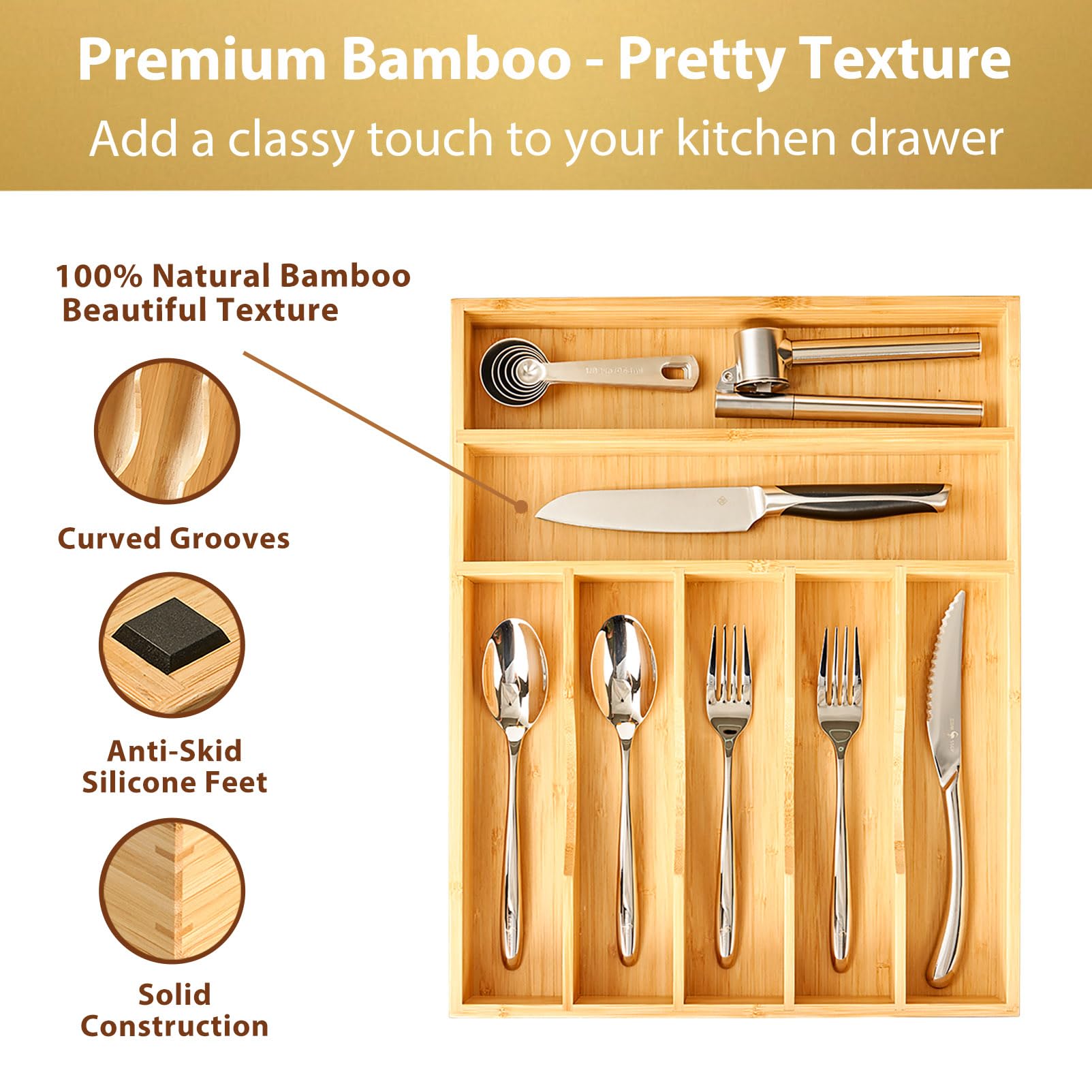 Kitchen Drawer Organizer, 13 Inch Silverware Utensil Tray Holder, Extra Deep, with Non-Slip Feet & Grooved Drawer Divider, 7 Slots Total Bamboo Wood Caddy for Flatware Cutlery Knives, Forks, Spoons