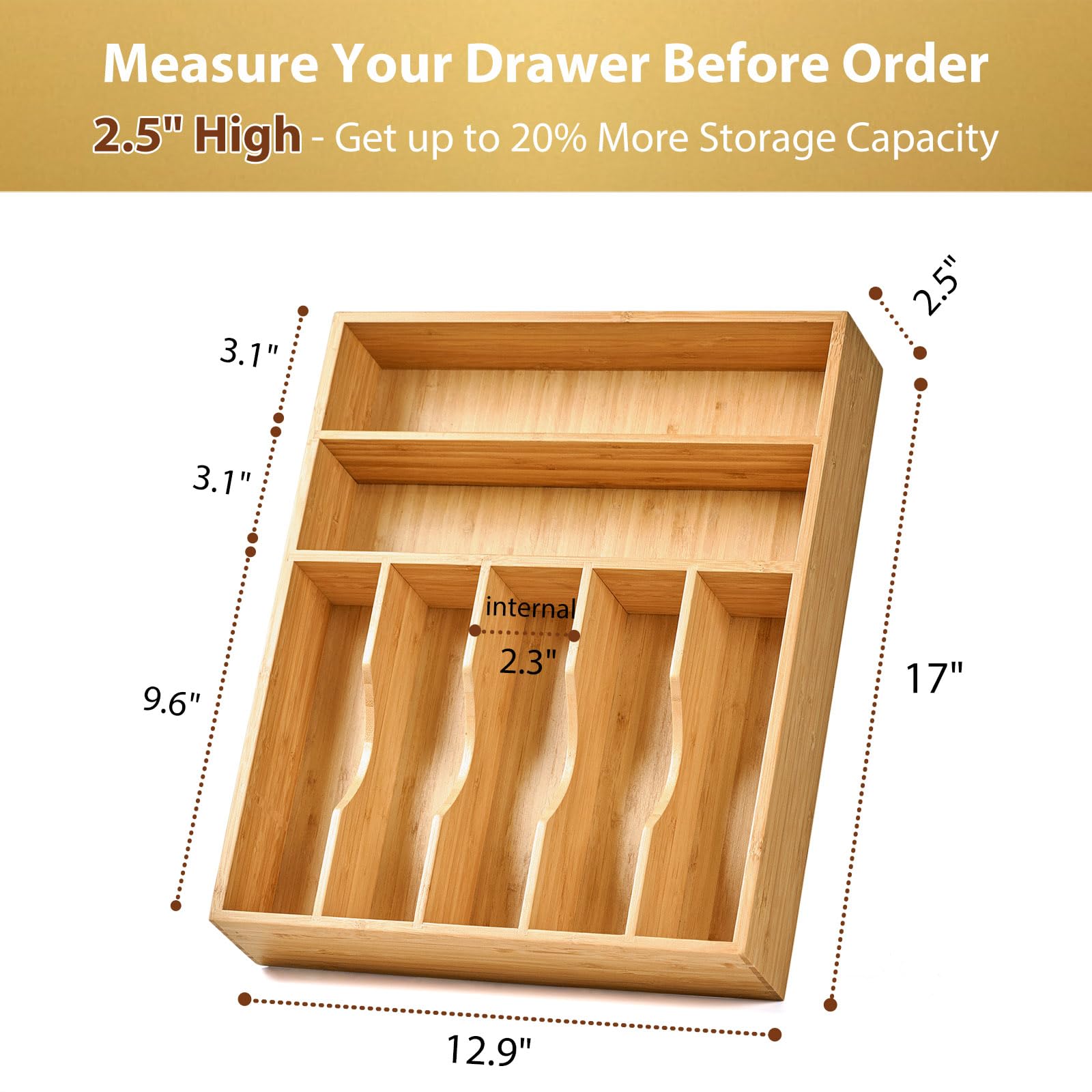 Kitchen Drawer Organizer, 13 Inch Silverware Utensil Tray Holder, Extra Deep, with Non-Slip Feet & Grooved Drawer Divider, 7 Slots Total Bamboo Wood Caddy for Flatware Cutlery Knives, Forks, Spoons