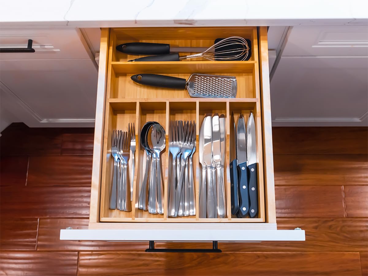 Kitchen Drawer Organizer, 13 Inch Silverware Utensil Tray Holder, Extra Deep, with Non-Slip Feet & Grooved Drawer Divider, 7 Slots Total Bamboo Wood Caddy for Flatware Cutlery Knives, Forks, Spoons