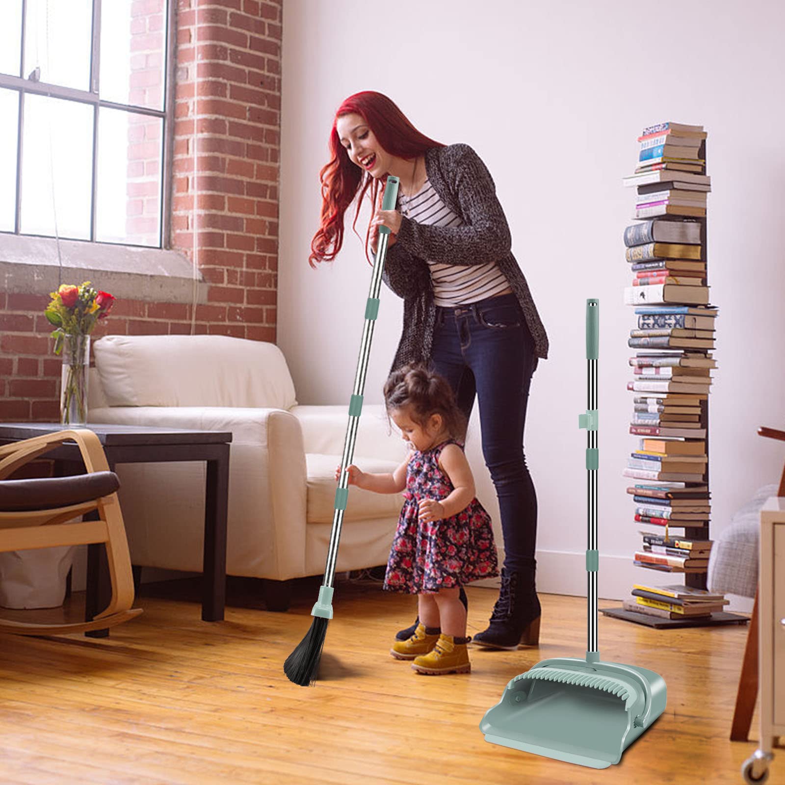 kelamayi Broom and Dustpan Set for Home,Broom and Dustpan Set, Broom Dustpan Set, Broom and Dustpan Combo for Office, Stand Up Broom and Dustpan (Green)