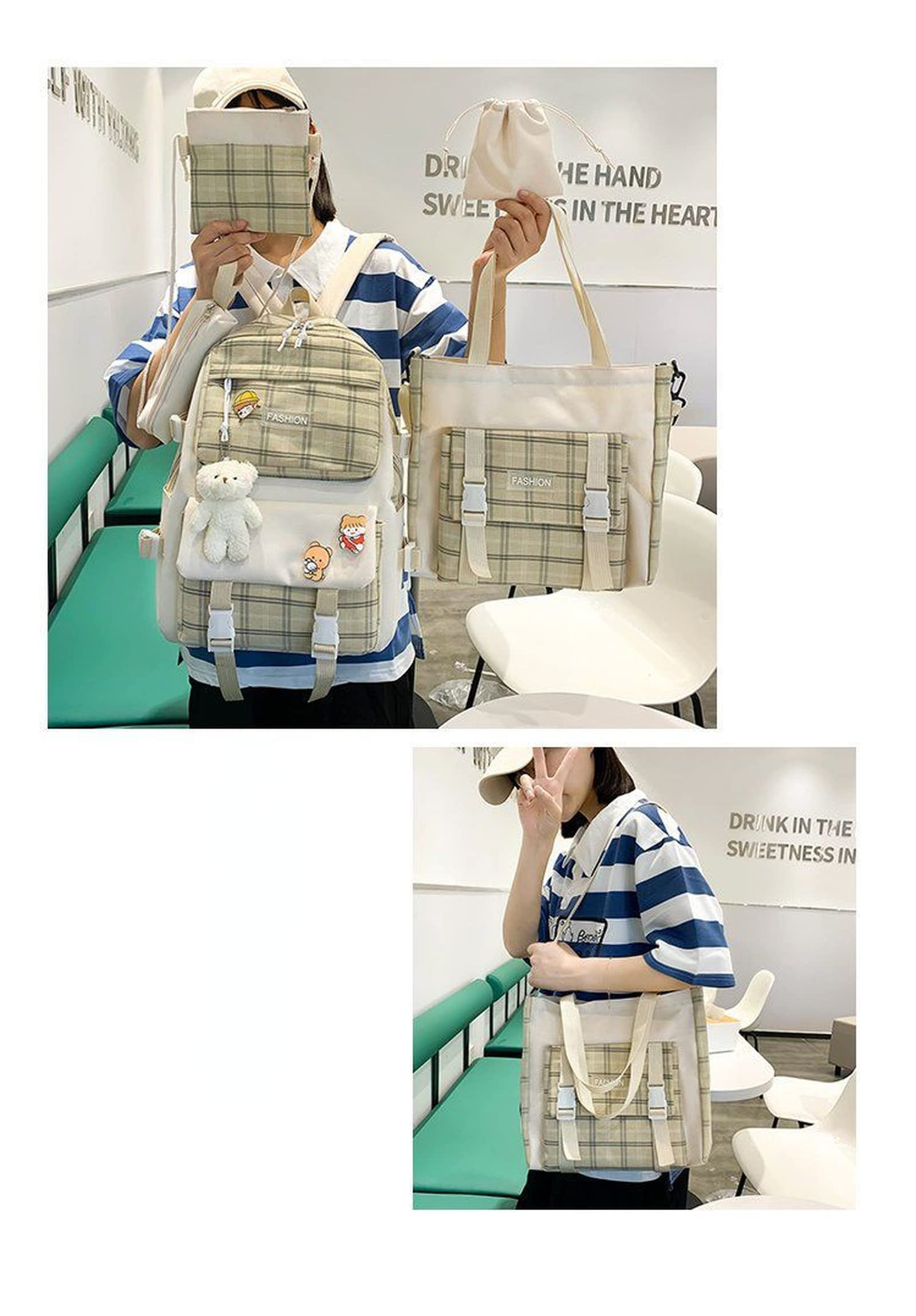 5Pcs Kawaii School Backpacks Combo Cute Bear Pendant Pins Plaid Check Back To School Supplies Canvas Schoolbag Daypack (Khaki)