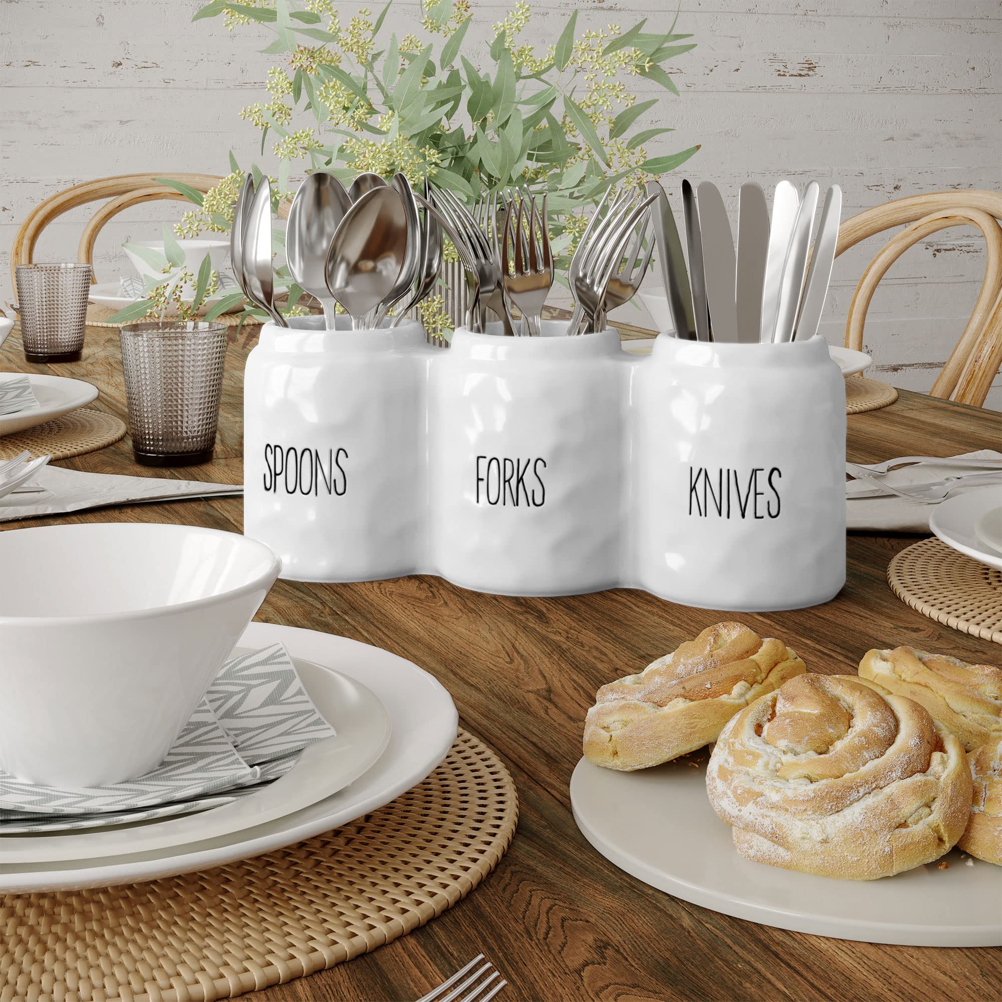 Barnyard Designs Fork Spoon Knife Flatware Holder, Countertop Silverware Organizer, Cutlery Utensil Caddy for Kitchen, Picnic or Parties, White, Set of 3, 12.5β x 4.25β x 5β