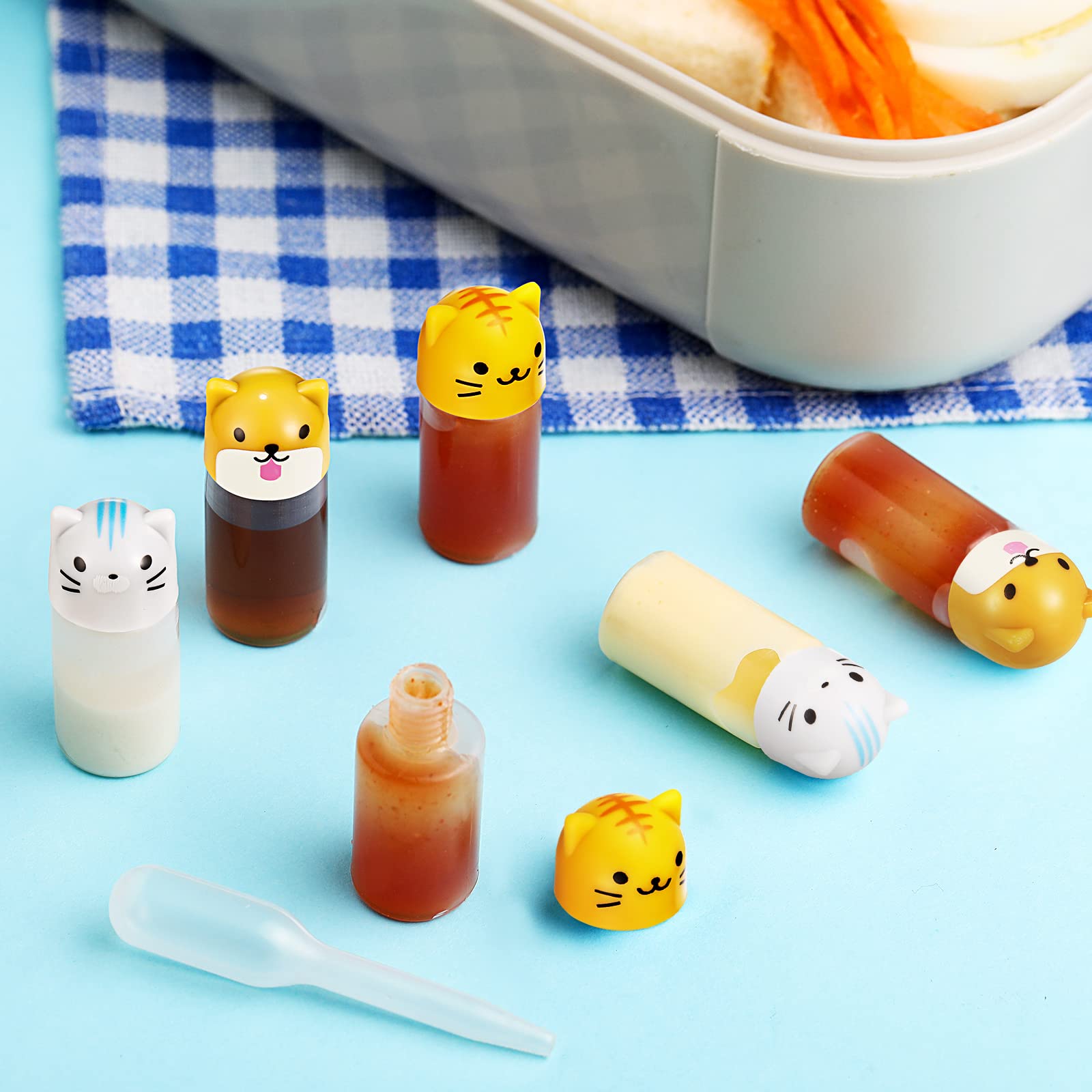 12 Pieces Bento Soy Sauce Case Container Bento Box Accessories, Mini Condiment Plastic Bottle with Dropper, Cute Animal Lunch Sauce Case Container for Kids Hiking Travel Lunch Salad Ketchup Syrup Oil