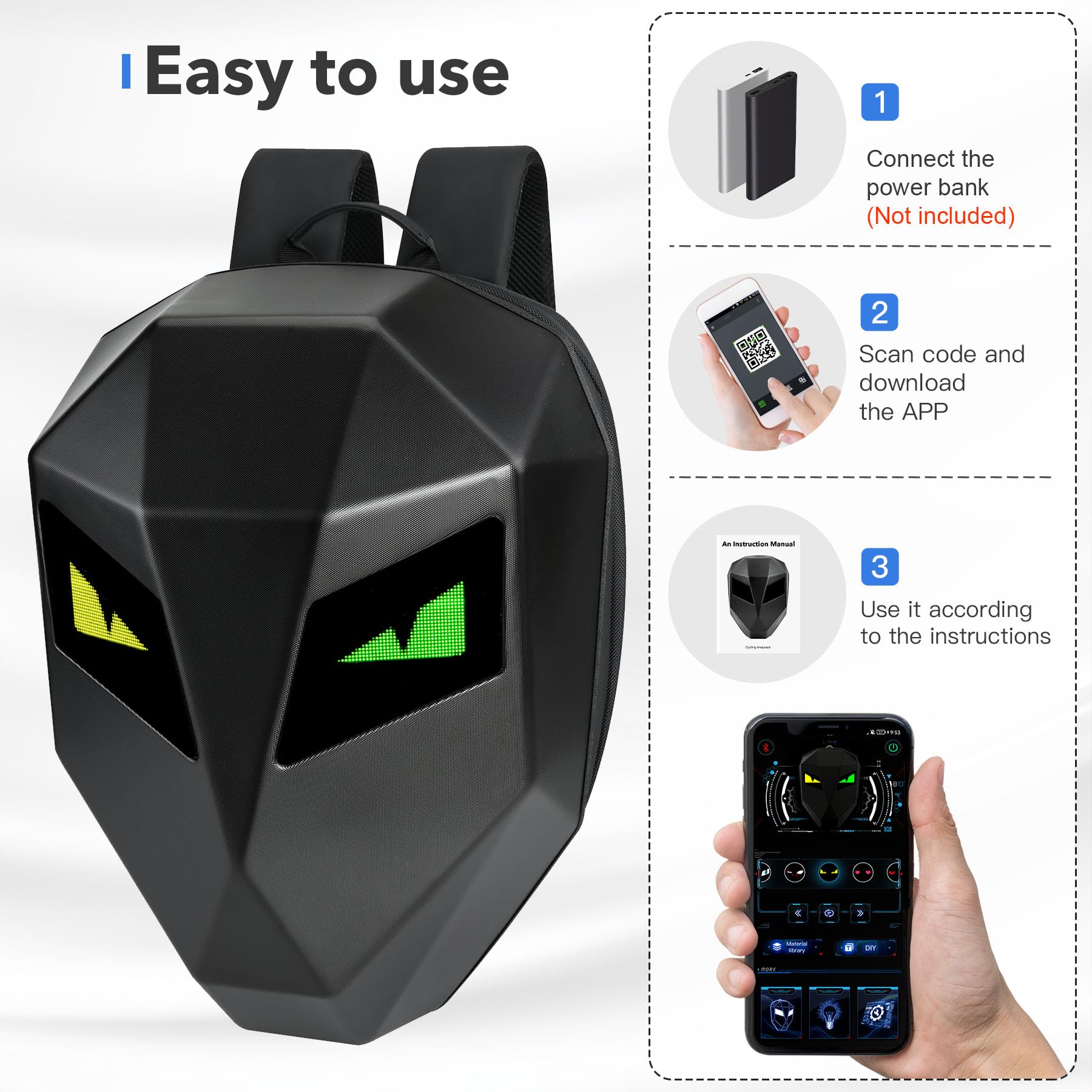DABASHAN Motorcycle Backpack for Men, LED Backpack With DIY Programmable Full Color Screen, Hard Shell Large Capacity Waterproof Helmet Bag Laptop Backpack