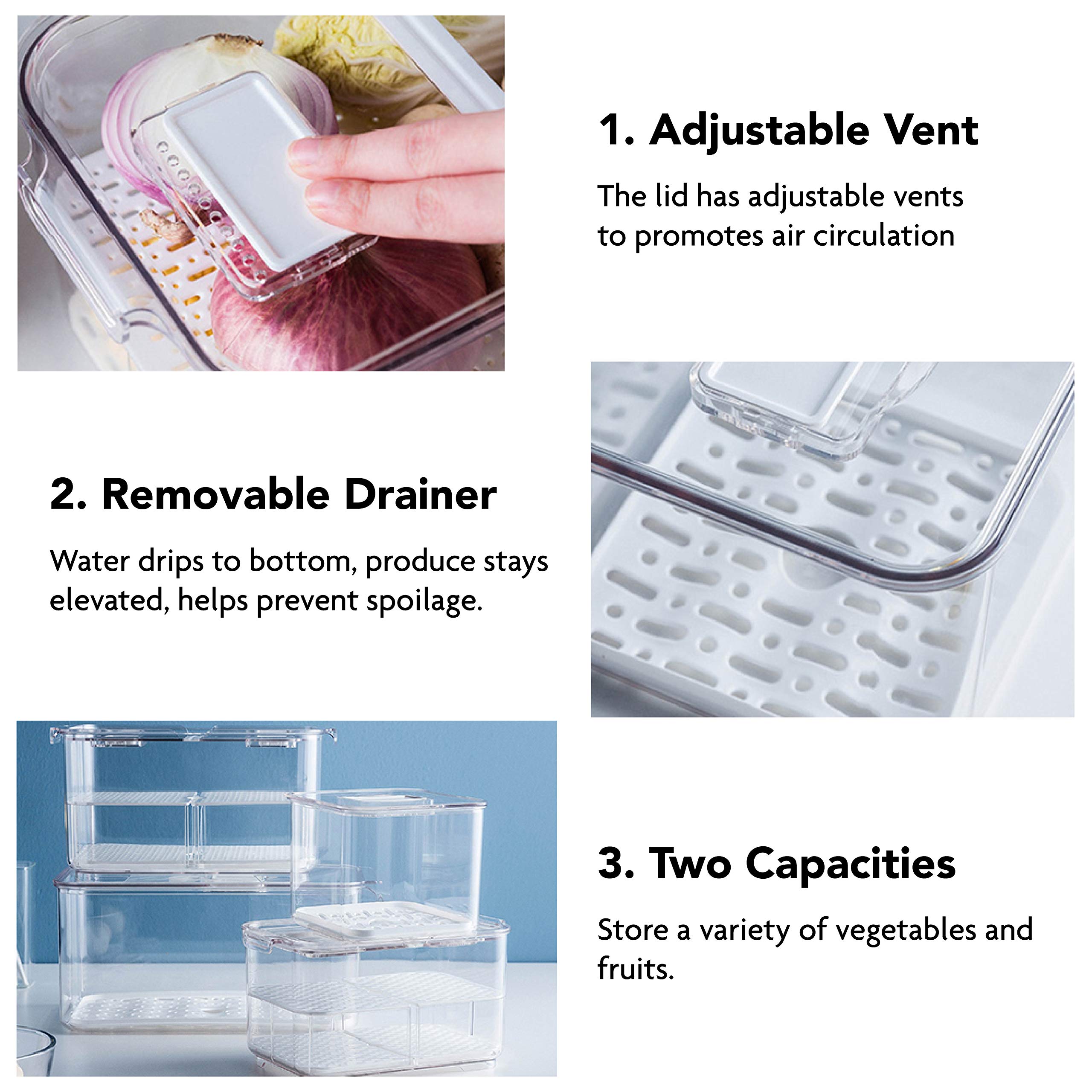 elabo Food Storage Containers Fridge Produce Saver- 3 Piece Set Stackable Refrigerator Organizer Keeper Drawers Bins Baskets with Lids and Removable Drain Tray for Veggie, Berry, Fruits and Vegetables