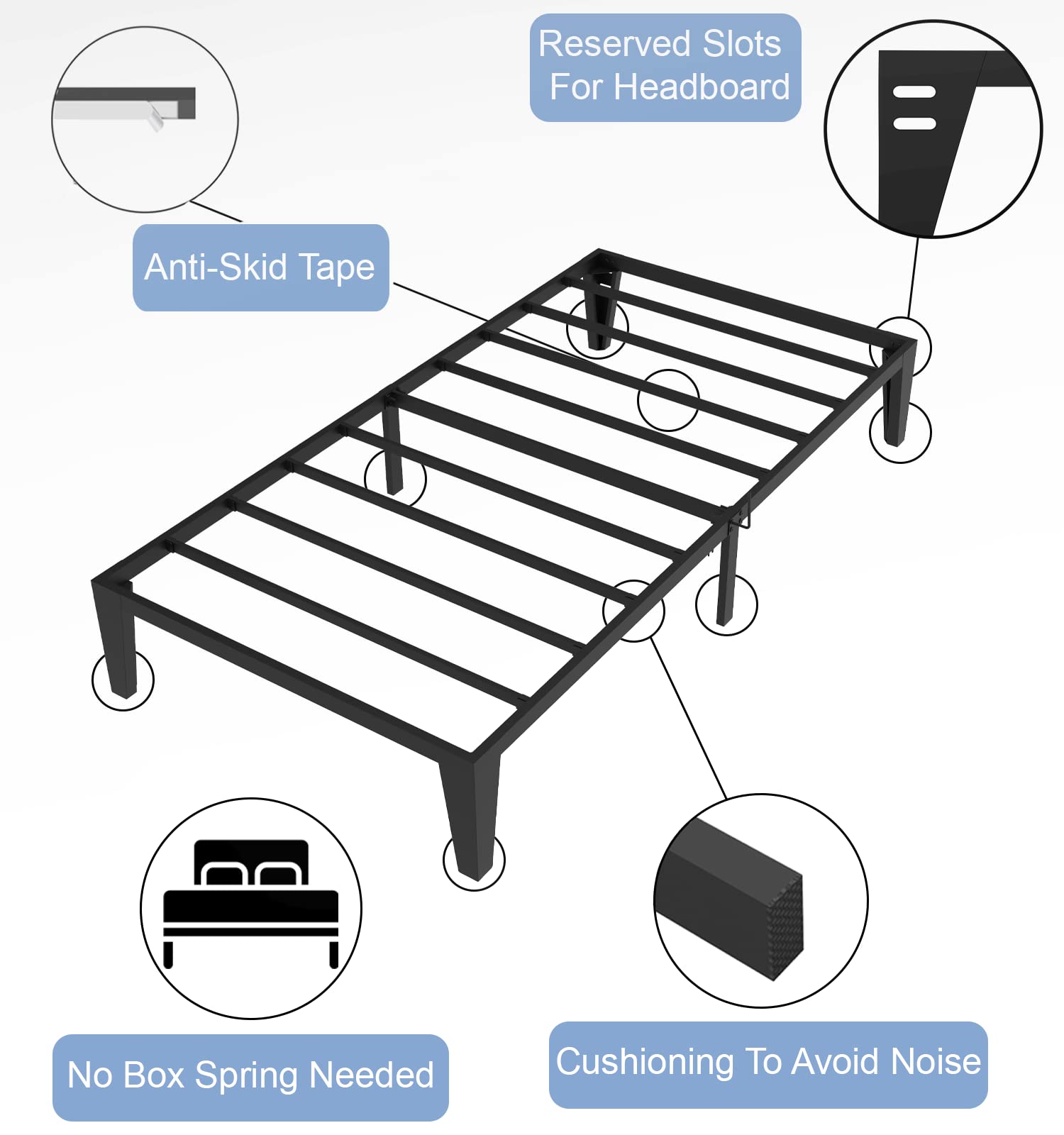 FIRSTHOMES Bed Frame/ Twin Bed/ Twin Platform Bed Frame / Twin Size Metal Bed Frame with Steel Slats / No Box Spring / 12" Metal Bed Frames / Easy Assembly/ Without Headboard- Black
