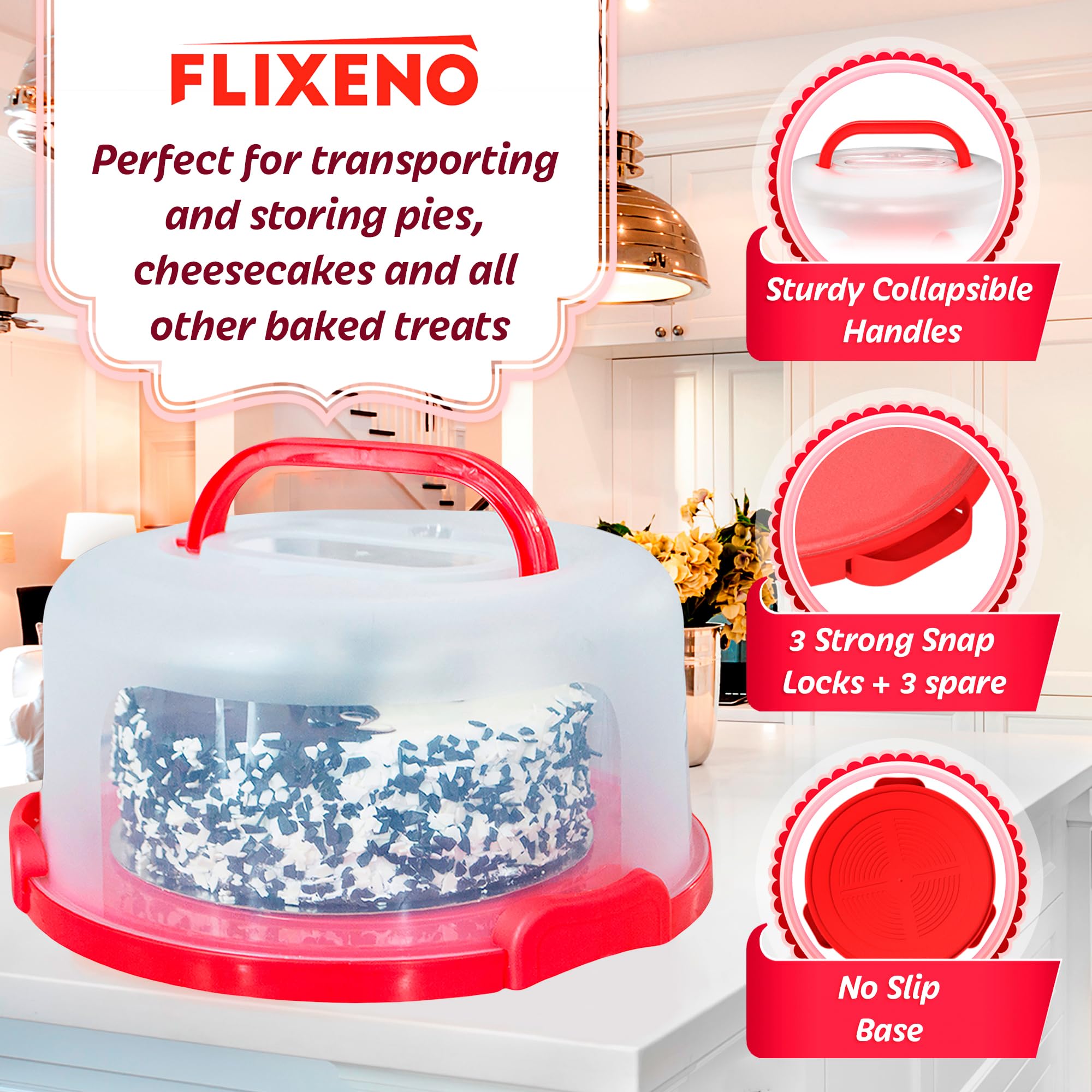 Flixeno Large Sturdy Red Round Cake Carrier Holder Up to 10 inch Multi Purpose Cover Five Section Serving Tray Keeper for Easily Hold & Transport Cakes Pies & Cupcakes with Collapsible Handles + 3 Extra Clips