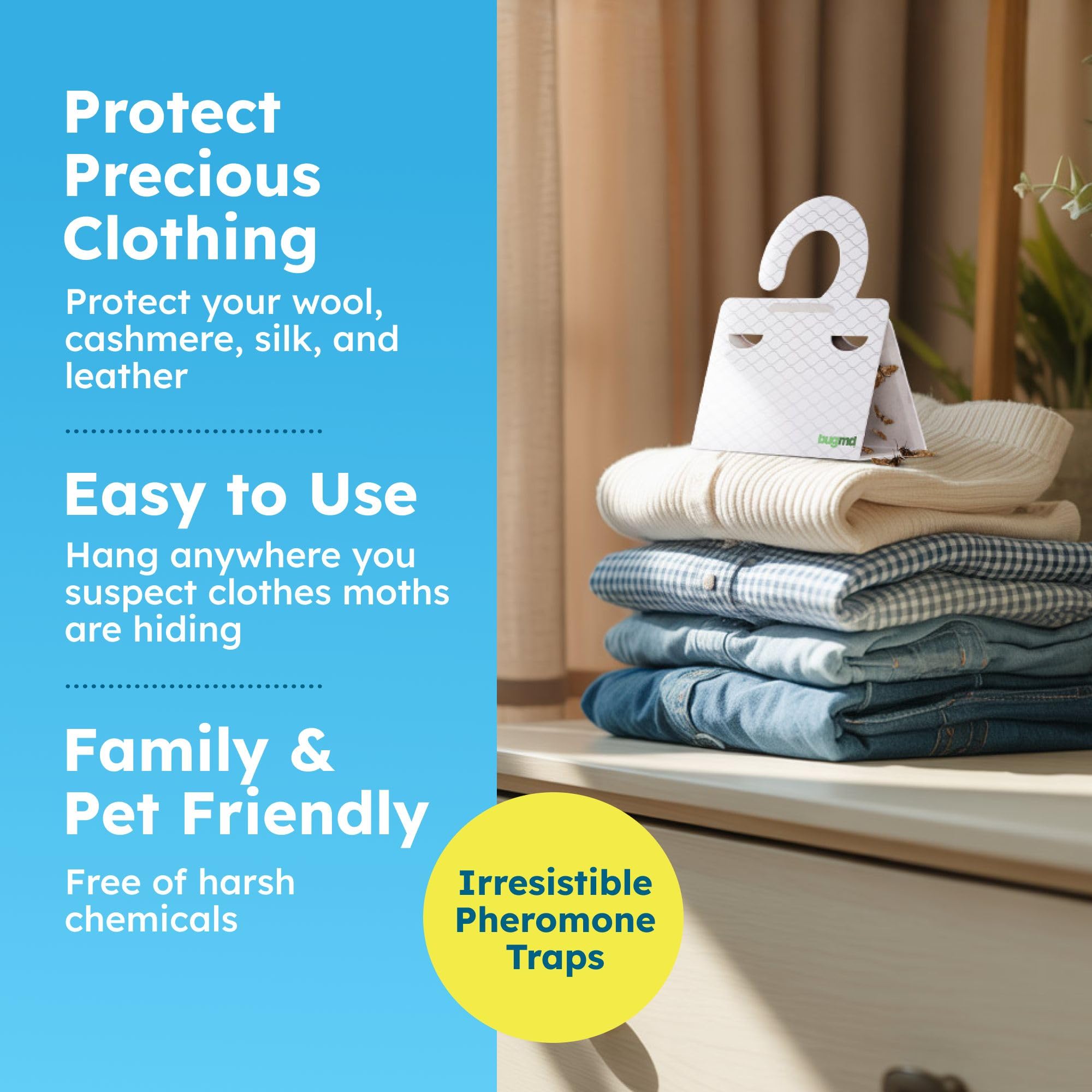 BugMD Clothes Moth Boss Traps - Sticky Glue Bug Repellent Pheromone Attractor for Closets Wardrobes Cabinet Drawers, Moth Balls for Closet, Moth Traps with No Harsh Chemicals, Pantry Moth Trap