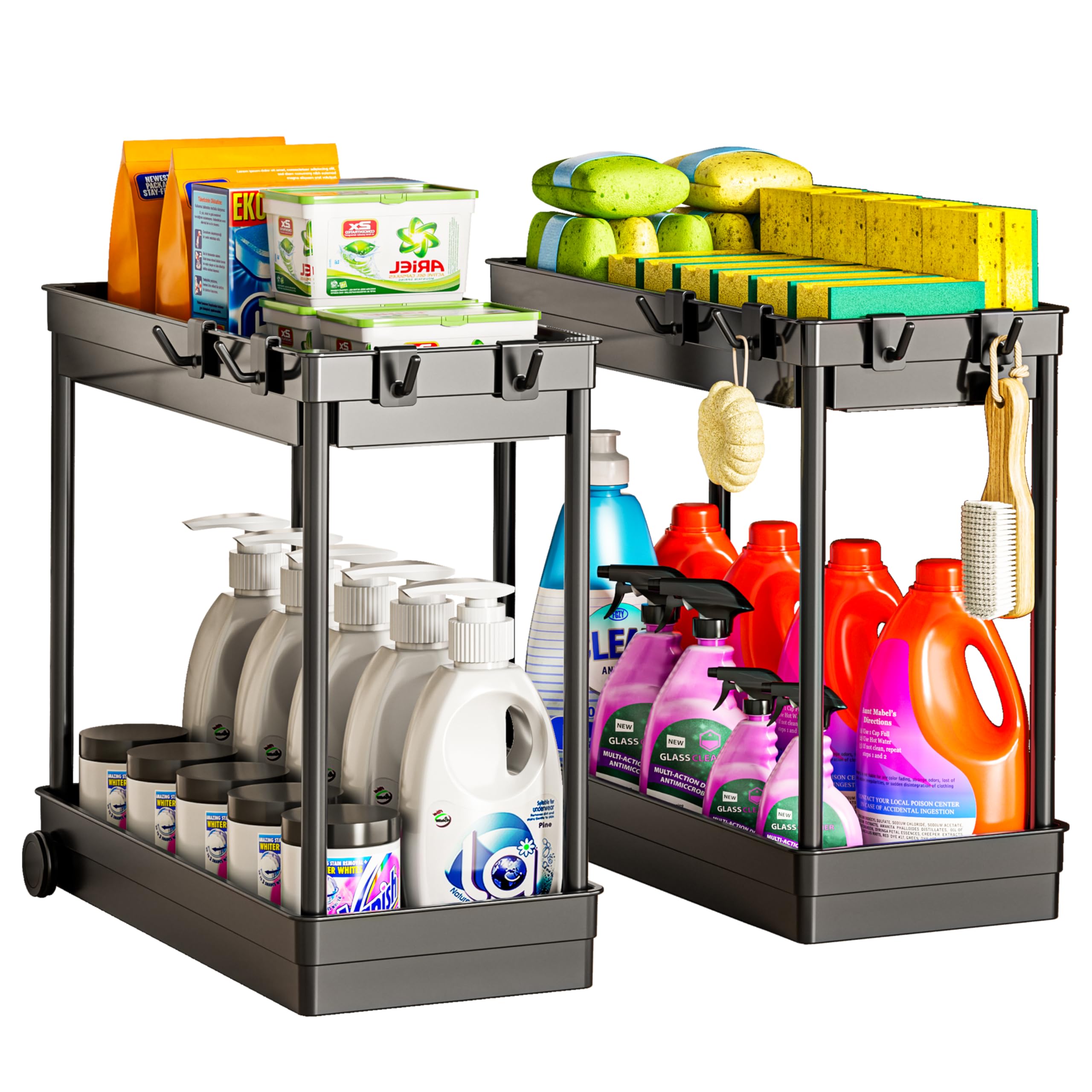Cicilyna Under Sink Organizer, Under Cabinet Basket Organizer Drawer with Hooks, Bathroom Standing Rack, Multi-purpose Storage Shelf, Black