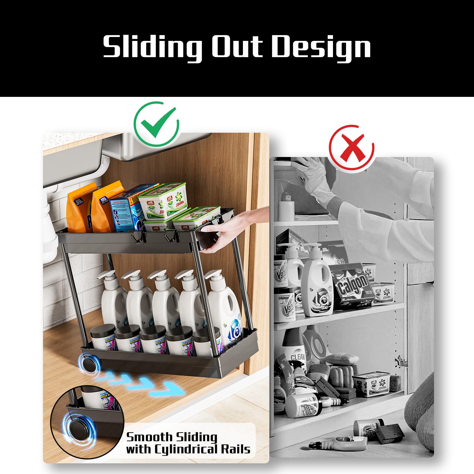 Cicilyna Under Sink Organizer, Under Cabinet Basket Organizer Drawer with Hooks, Bathroom Standing Rack, Multi-purpose Storage Shelf, Black