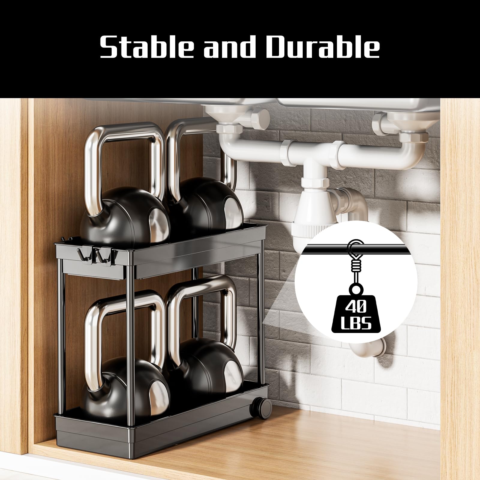 Cicilyna Under Sink Organizer, Under Cabinet Basket Organizer Drawer with Hooks, Bathroom Standing Rack, Multi-purpose Storage Shelf, Black