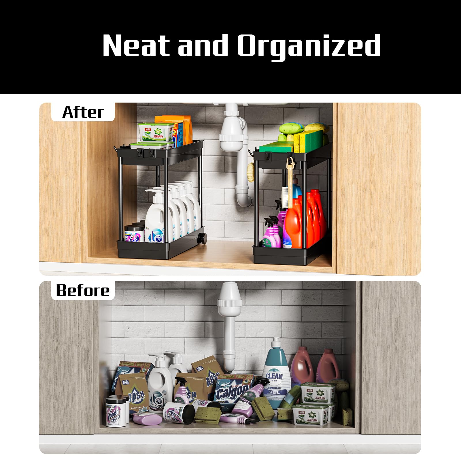 Cicilyna Under Sink Organizer, Under Cabinet Basket Organizer Drawer with Hooks, Bathroom Standing Rack, Multi-purpose Storage Shelf, Black