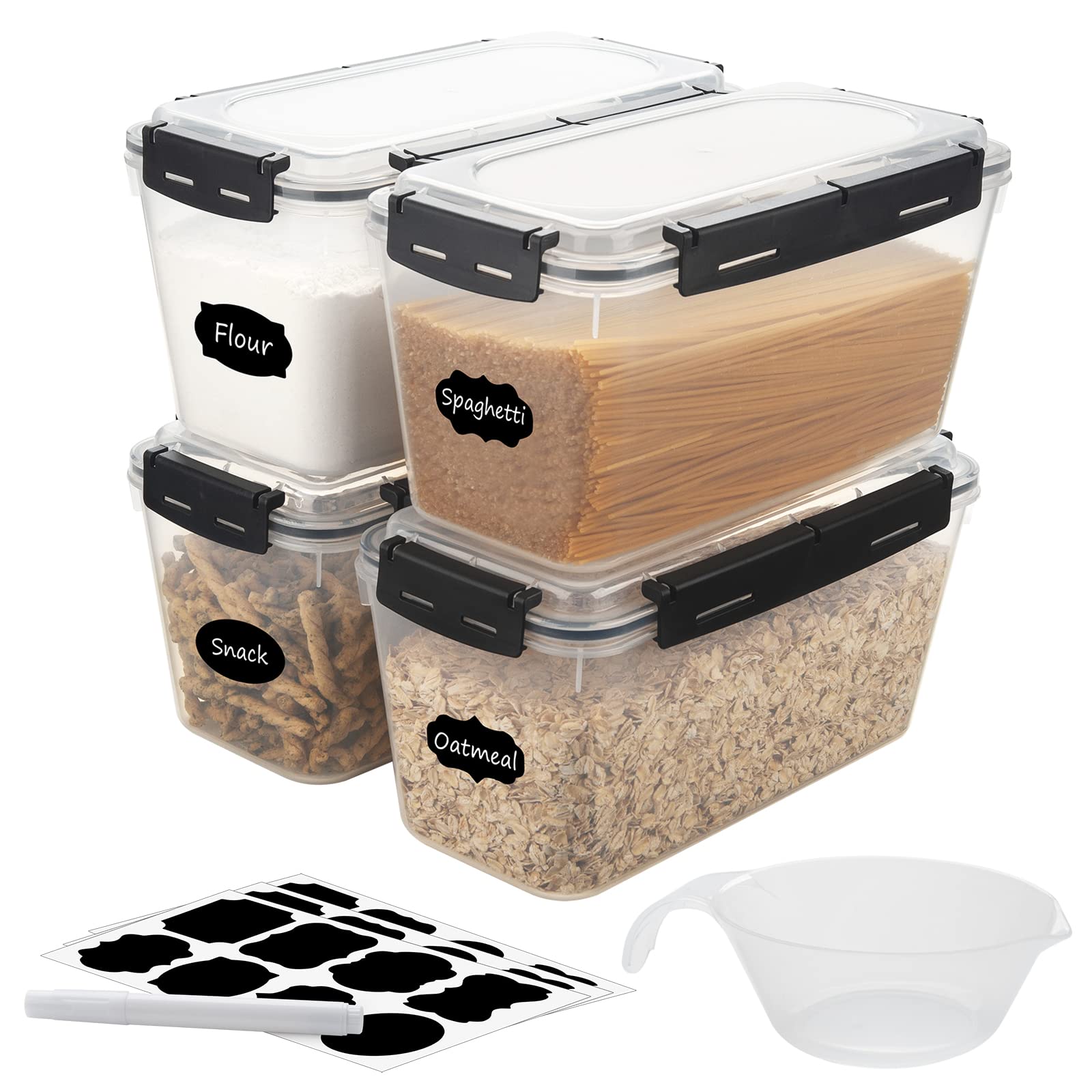 4 PCS Large Airtight Food Storage Containers with Lids Airtight, Pasta Containers for Pantry with Upgrade snaps, Dishwasher Safe Flour and Sugar Containers with Labels, Marker and Measuring Cupsā¦