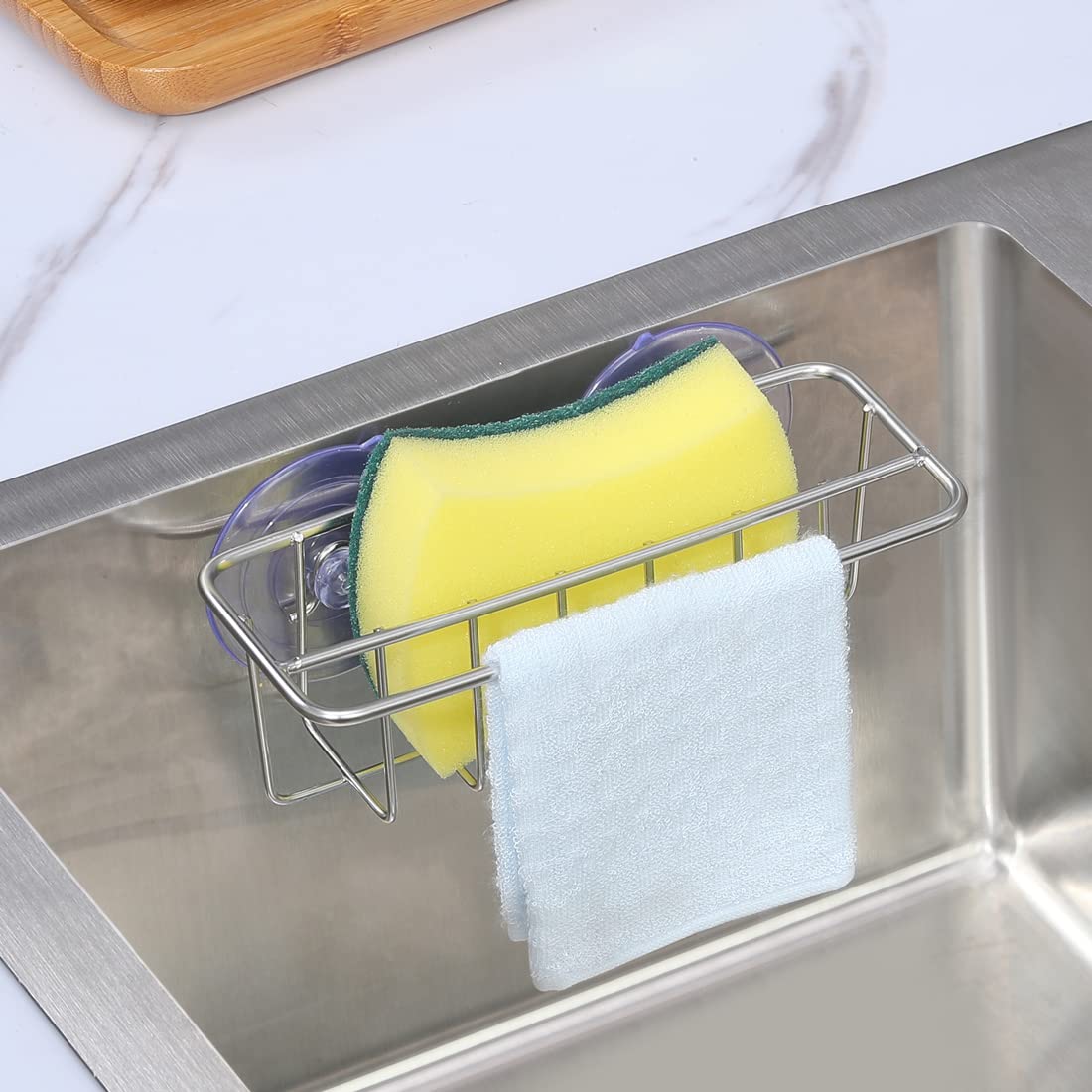 TESOT Sink Caddy Sponge Holder Dish Cloth Hanger 2 in 1 with Upgraded Suction Cups or Adhesive, SUS304 Stainless Steel, No Drilling, Silver