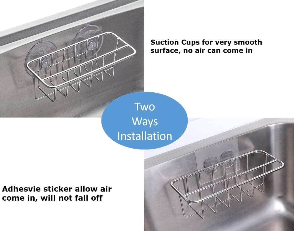 TESOT Sink Caddy Sponge Holder Dish Cloth Hanger 2 in 1 with Upgraded Suction Cups or Adhesive, SUS304 Stainless Steel, No Drilling, Silver