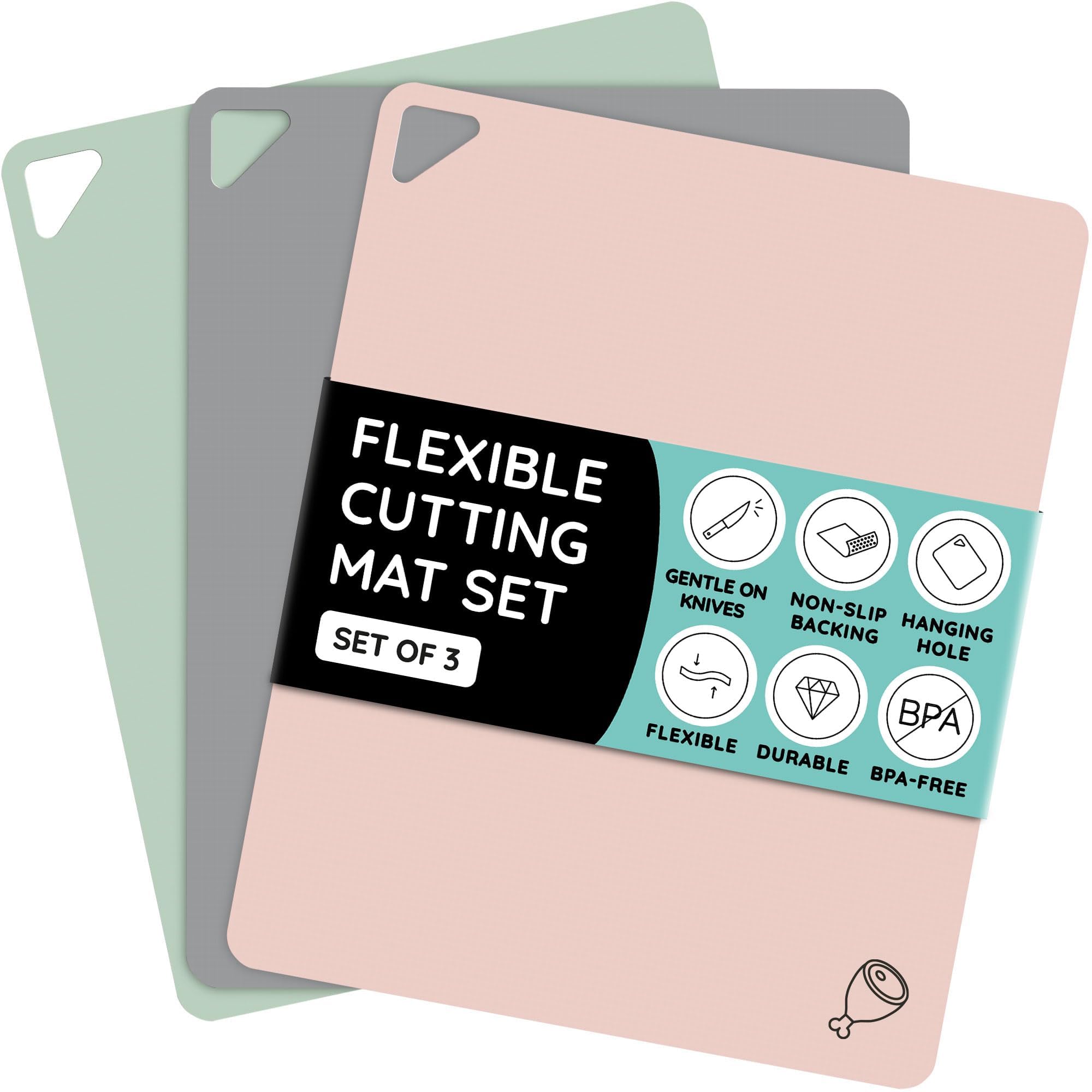 Extra Thin Flexible Cutting Boards for Kitchen - Cutting Mats for Cooking, Colored Cutting Mat Set with Easy-Grip Handles | Non Slip Cutting Sheets, Flexible Plastic Cutting Board Set of 3 (15"x12")