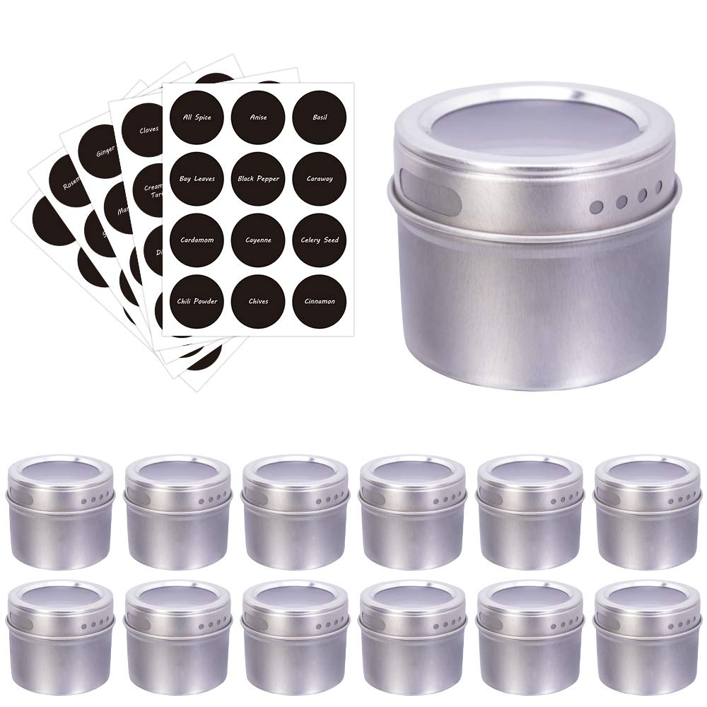 Magnetic Spice Tins & Labels, Storage Spice Containers, Window Top w/Sift-Pour (12 Jars 48 Pre-printed and 12 Blank Labels)