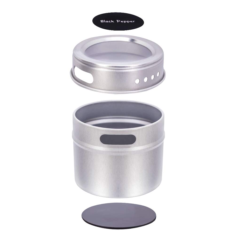 Magnetic Spice Tins & Labels, Storage Spice Containers, Window Top w/Sift-Pour (12 Jars 48 Pre-printed and 12 Blank Labels)
